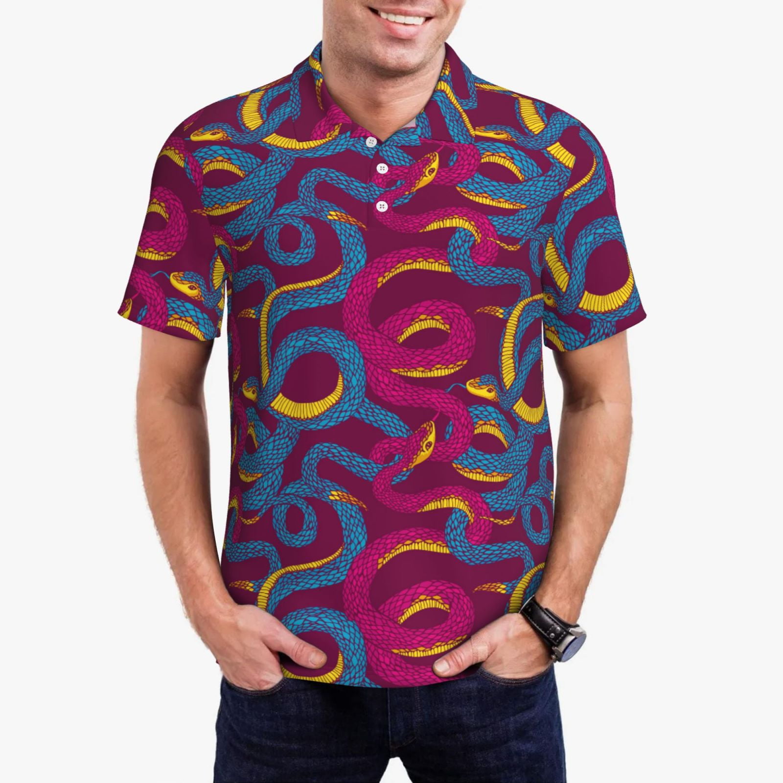 Polo Shirts for Men - Cartoon Cute Snake Rose Red Blue Mens Polo Shirts ...
