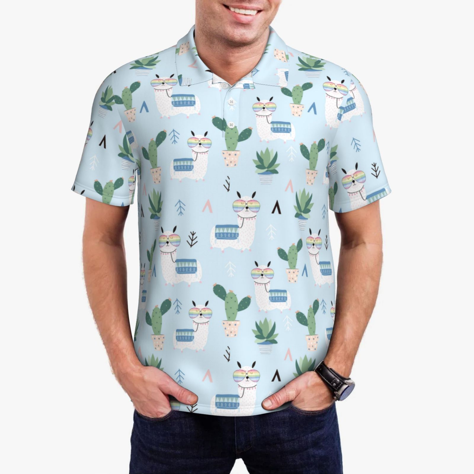 Polo Shirts for Men - Cartoon Funny Alpaca Cactus Blue Classic Mens ...