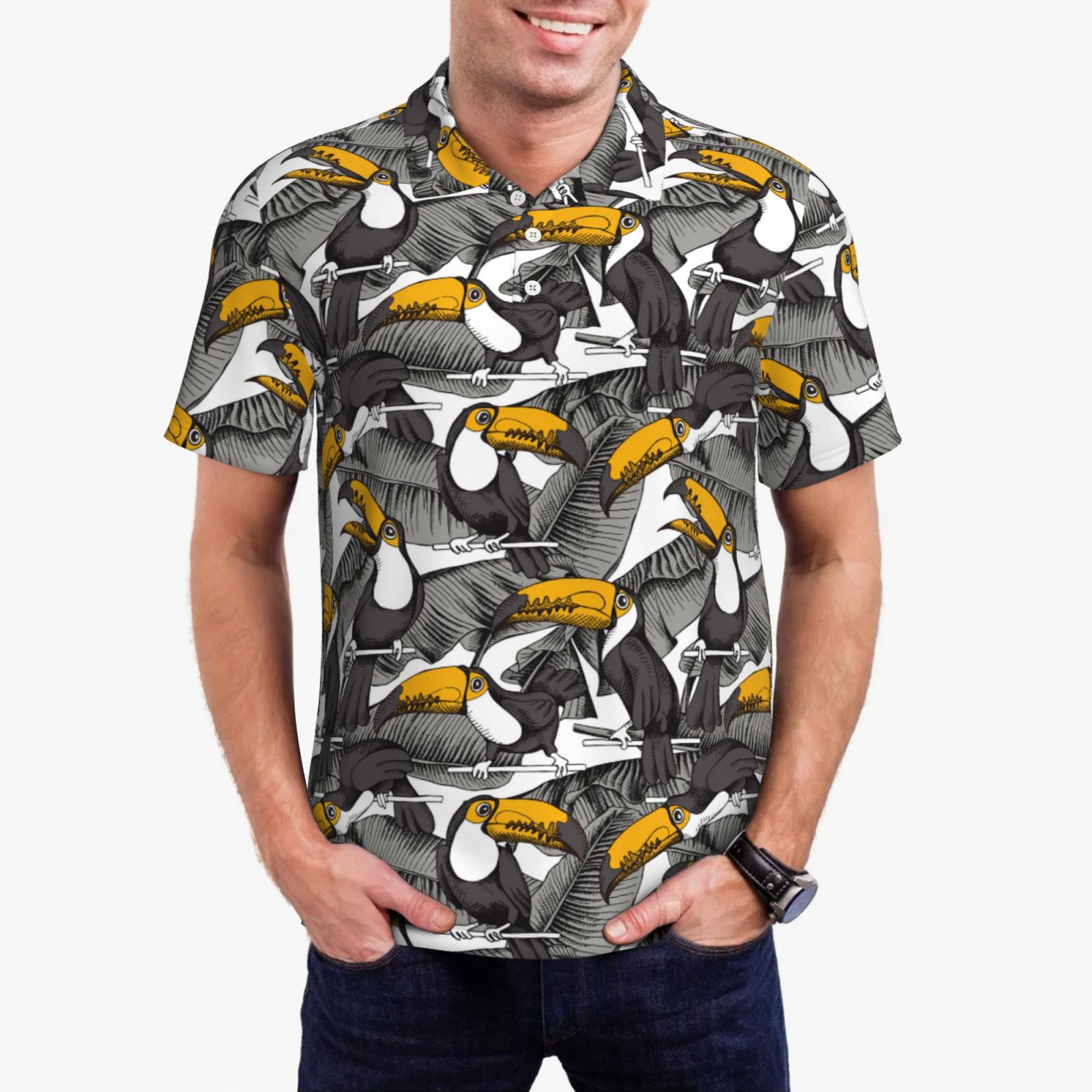 Polo Shirts for Men - Cartoon Funny Toucan Bird Plant Classic Mens Polo ...