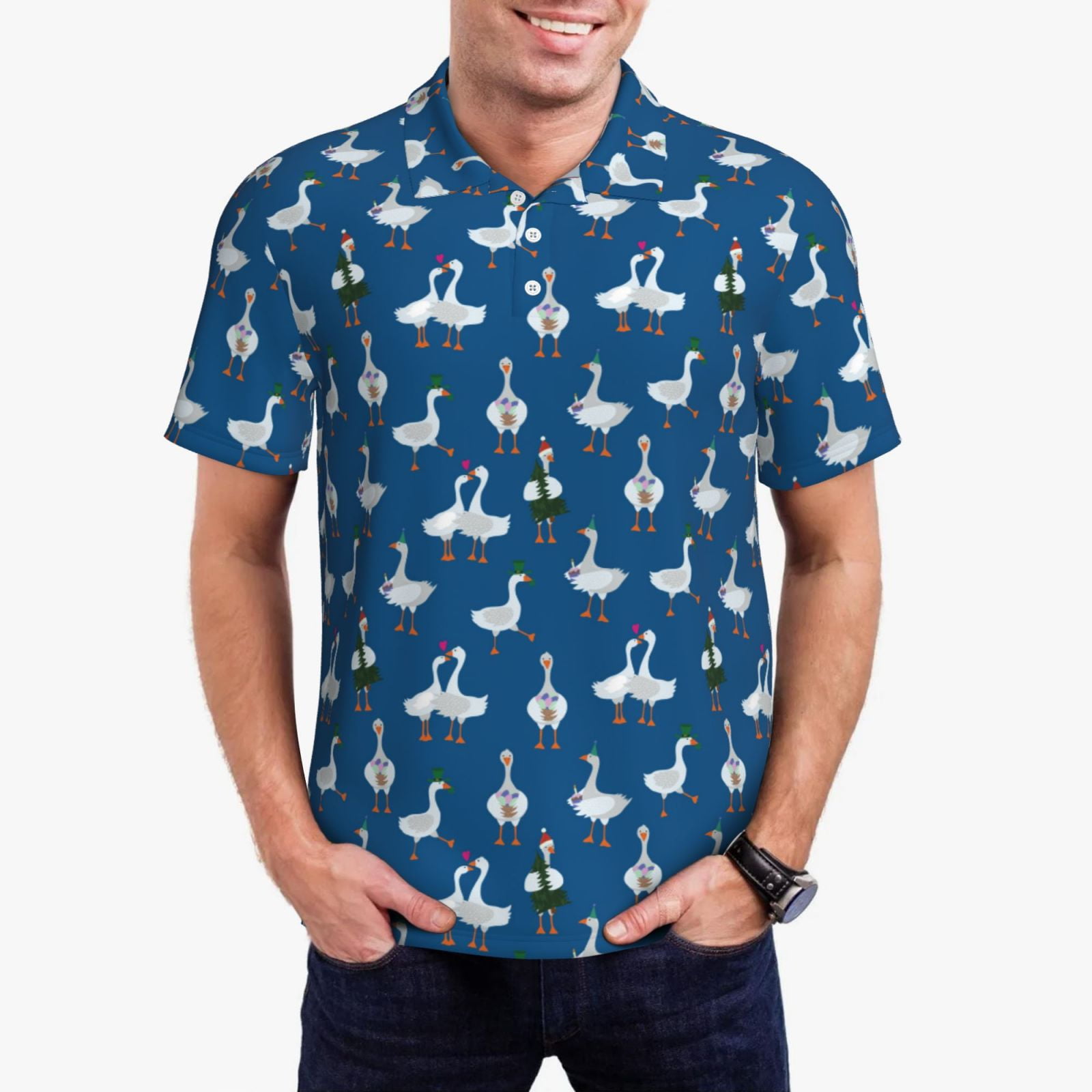 Polo Shirts for Men - Cartoon Geese With Xmas Soft Comfort Breathable ...