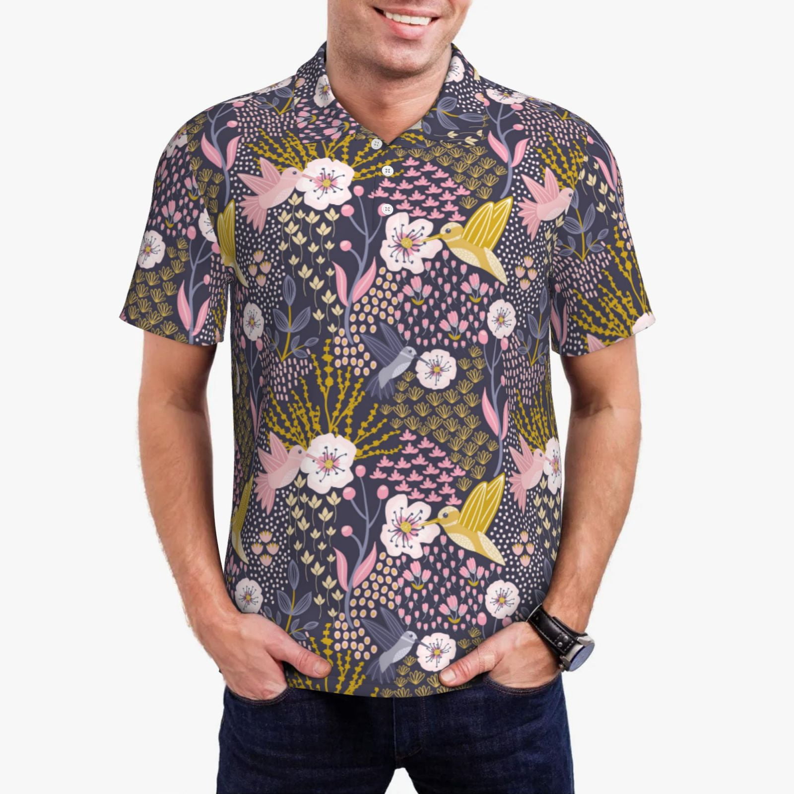 Polo Shirts for Men, Cartoon Hummingbird Flower Cuteness Casual Mens ...