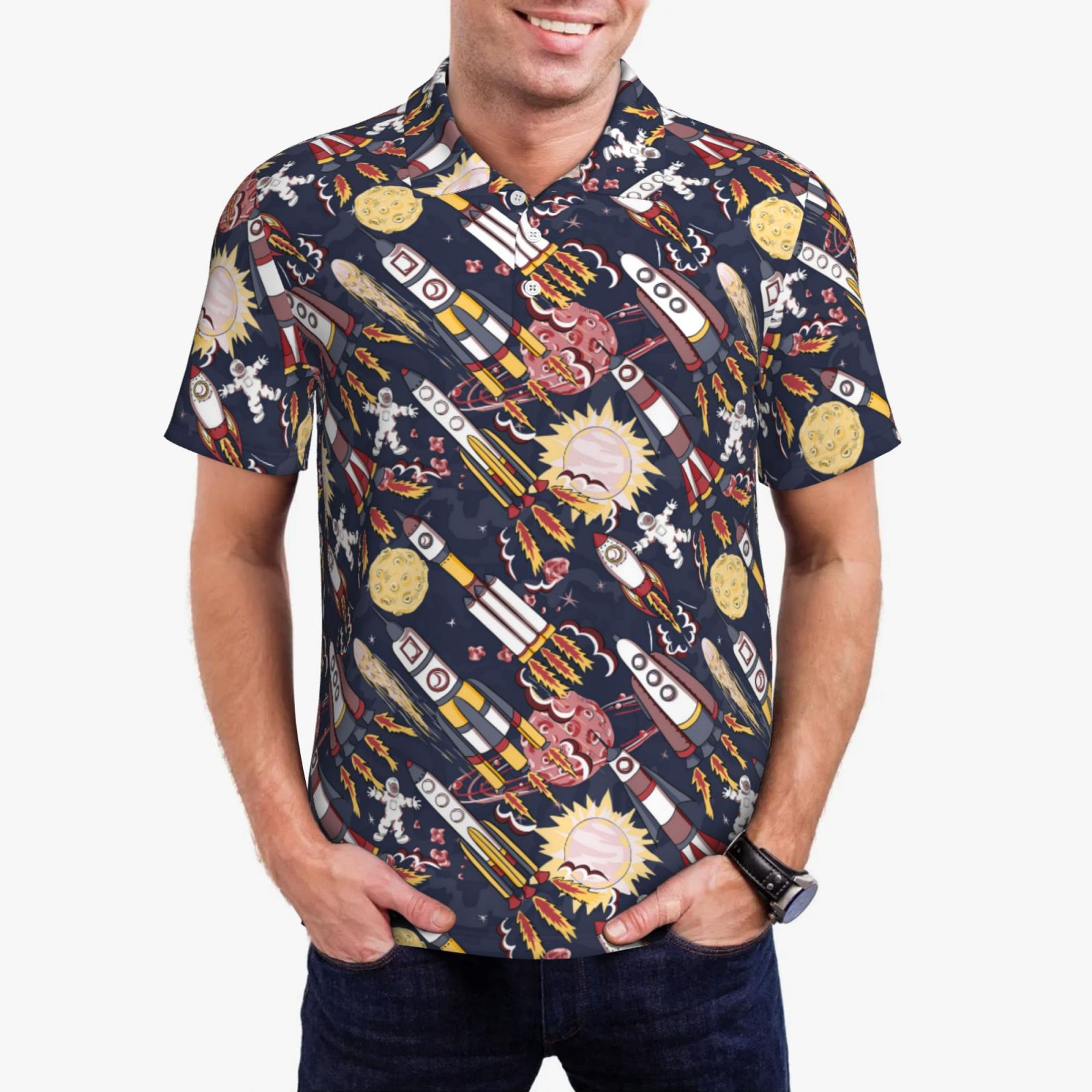 Polo Shirts for Men Cartoon Space 1 Casual Mens Short Sleeve Polo ...