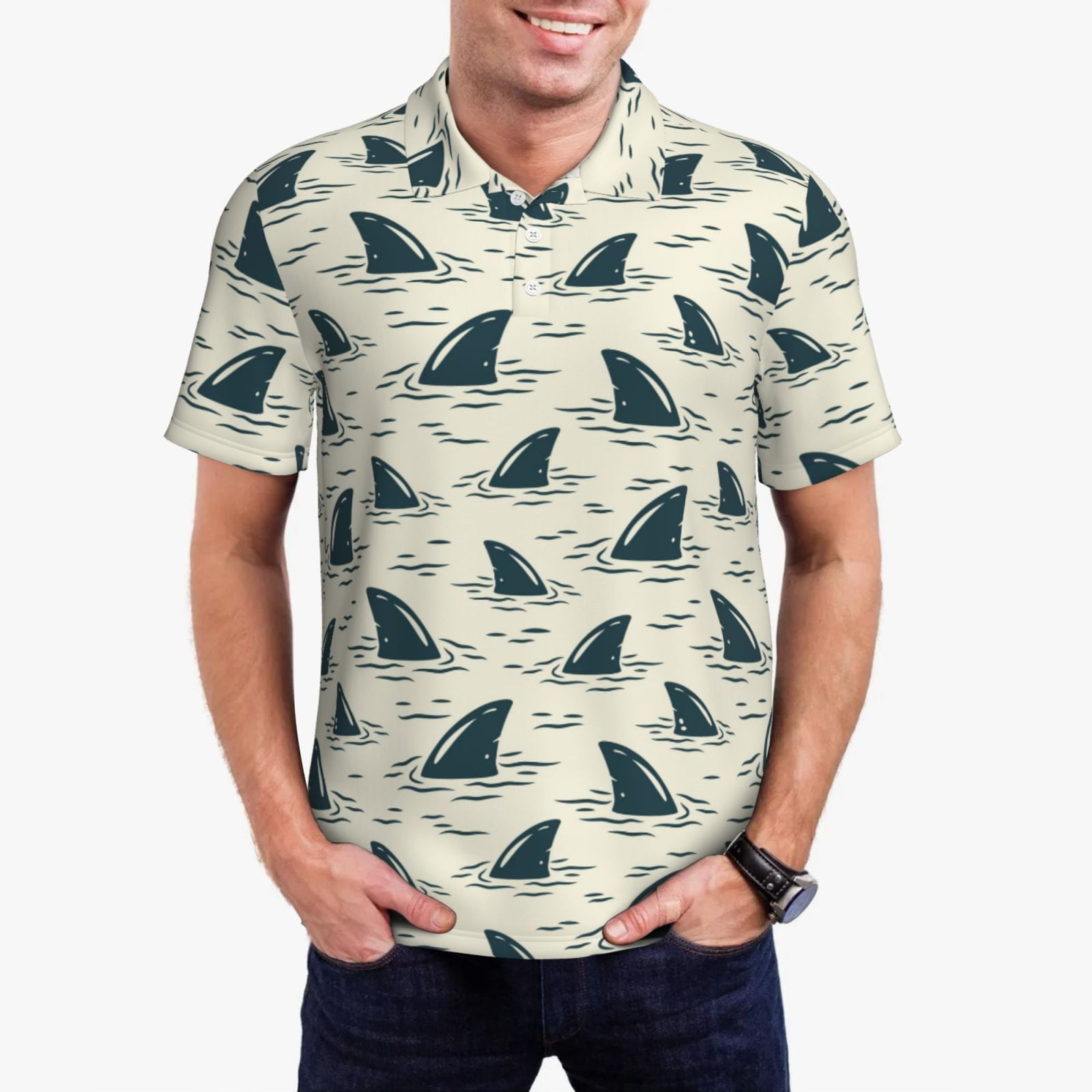 Polo Shirts for Men - Cartoon Wavy Shark Fin Mens Polo Shirts Short ...