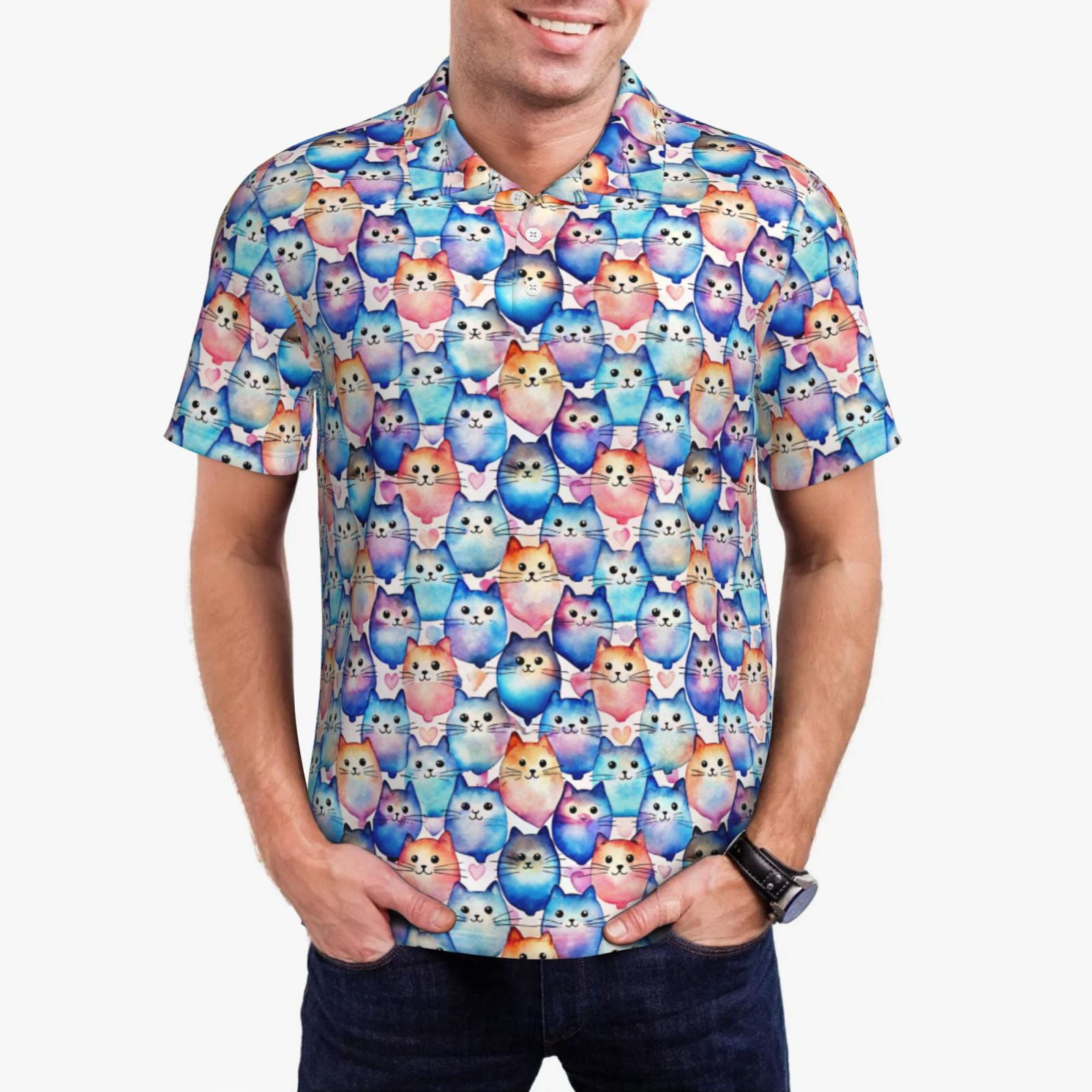 Polo Shirts for Men, Cartoon colorful cute cat Cuteness Casual Mens ...