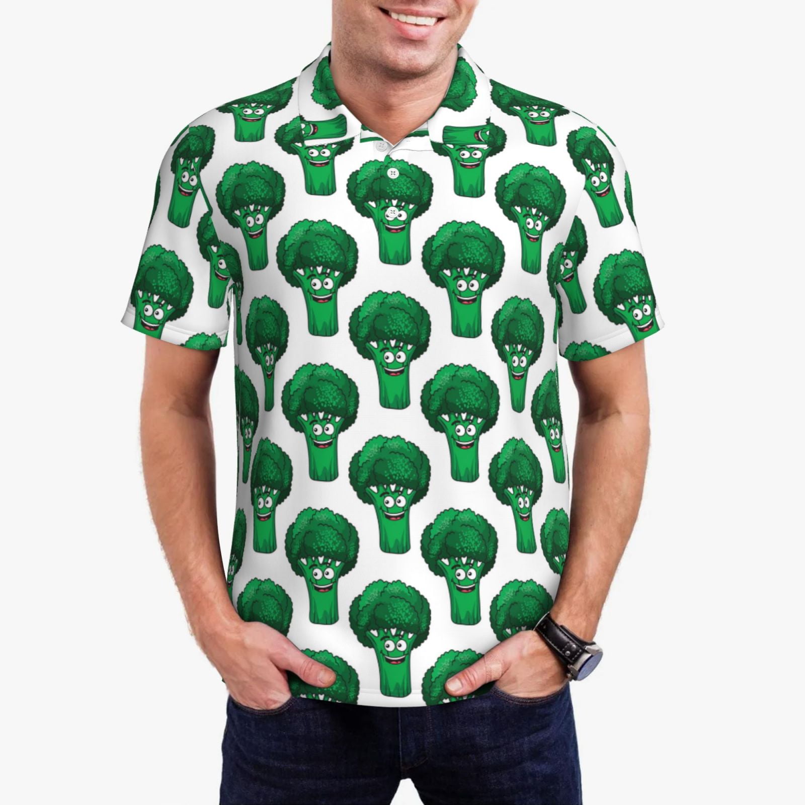 Polo Shirts for Men - Cartoon smiling green broccoli cute Mens Polo ...