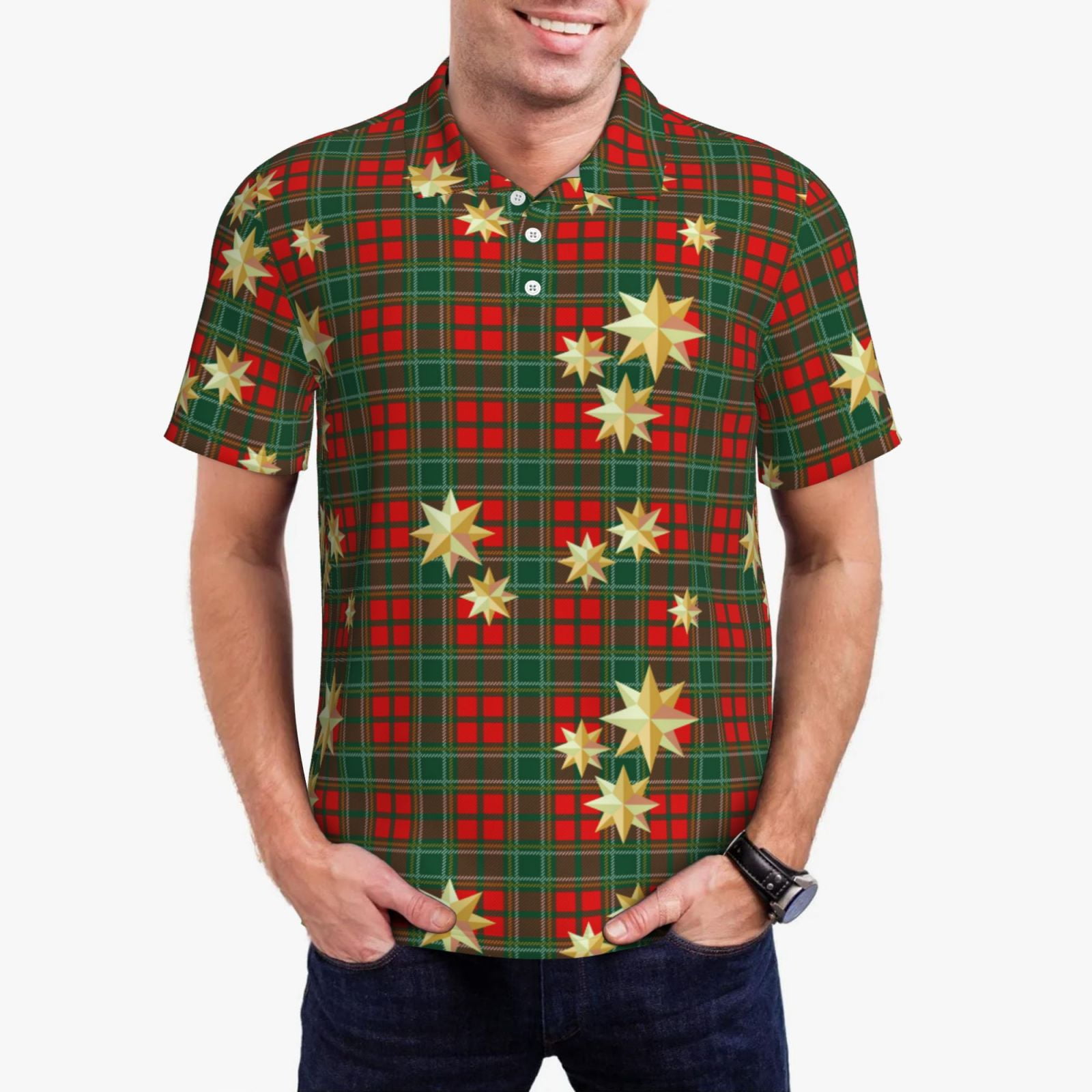 Polo Shirts for Men Checkered With Golden Stars Casual Mens Short ...