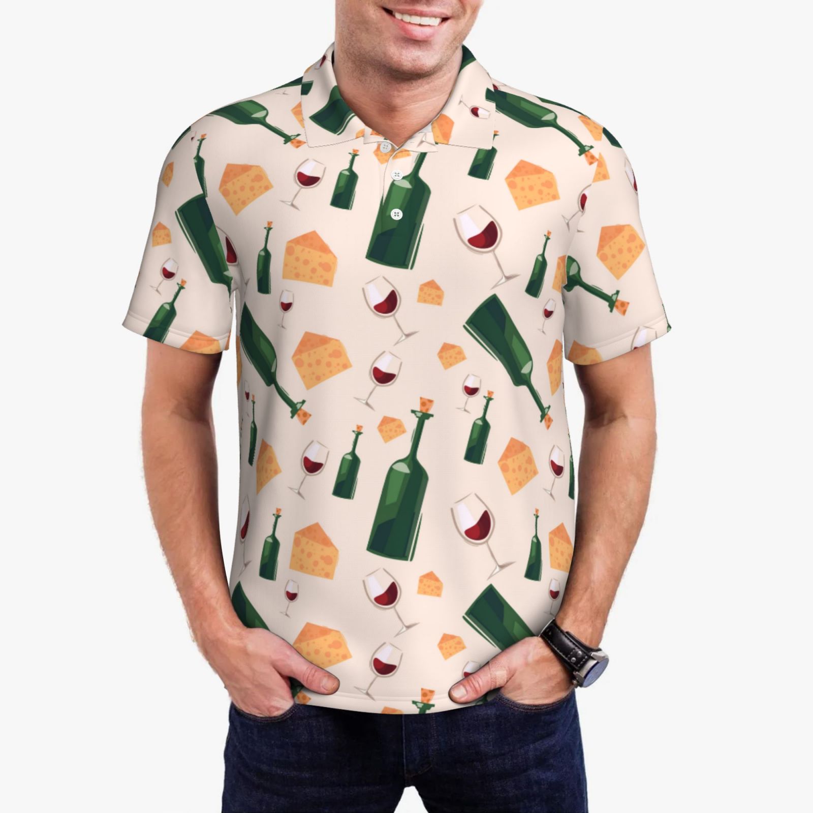Polo Shirts for Men - Cheese Wine Bottle Print Classic Mens Polo Shirts ...