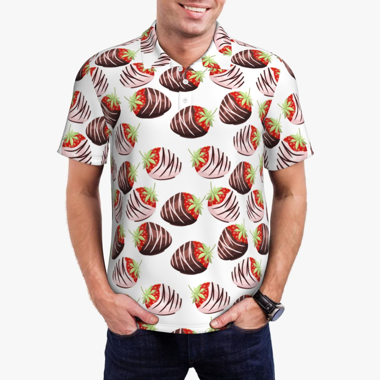 Polo Shirts for Men Chocolate Strawberry Print Casual Mens Short Sleeve ...