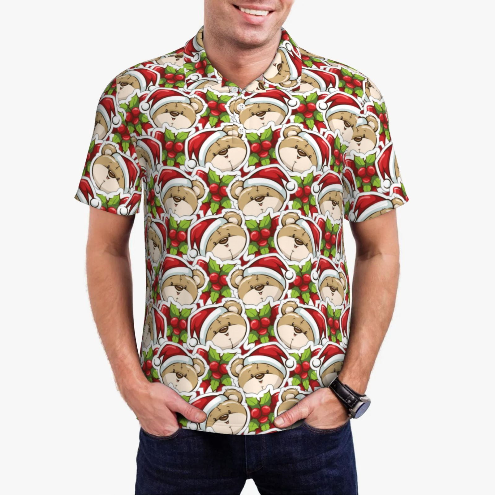Polo Shirts for Men - Christmas Hat bear Mens Polo Shirts Short Sleeve ...