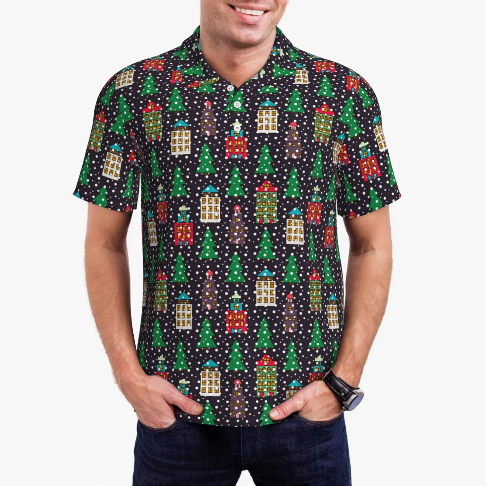Polo Shirts for Men - Christmas Trees And Houses Mens Polo Shirts Short ...