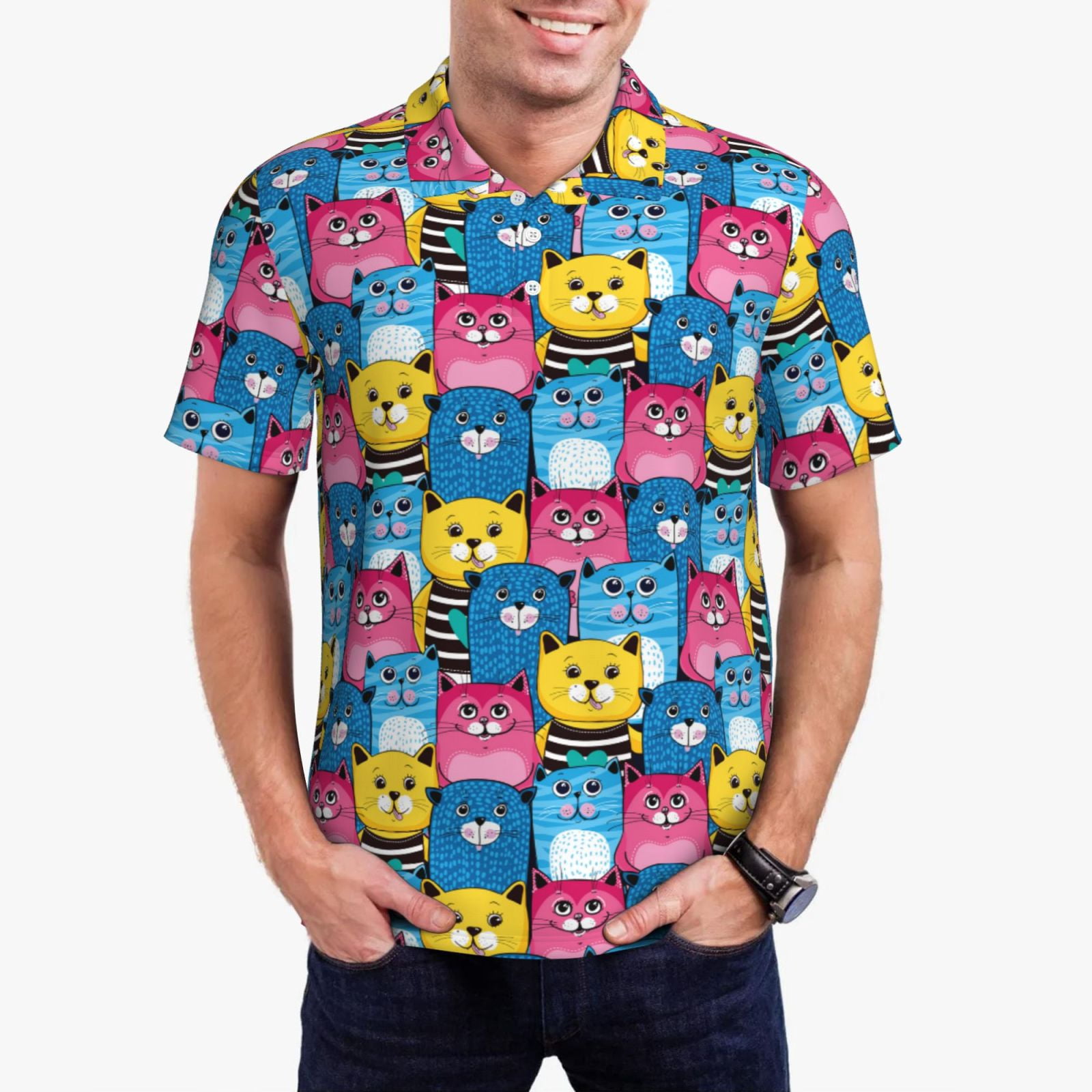 Polo Shirts for Men - Classic Colorful Cute Cartoon Cat Mens Polo ...