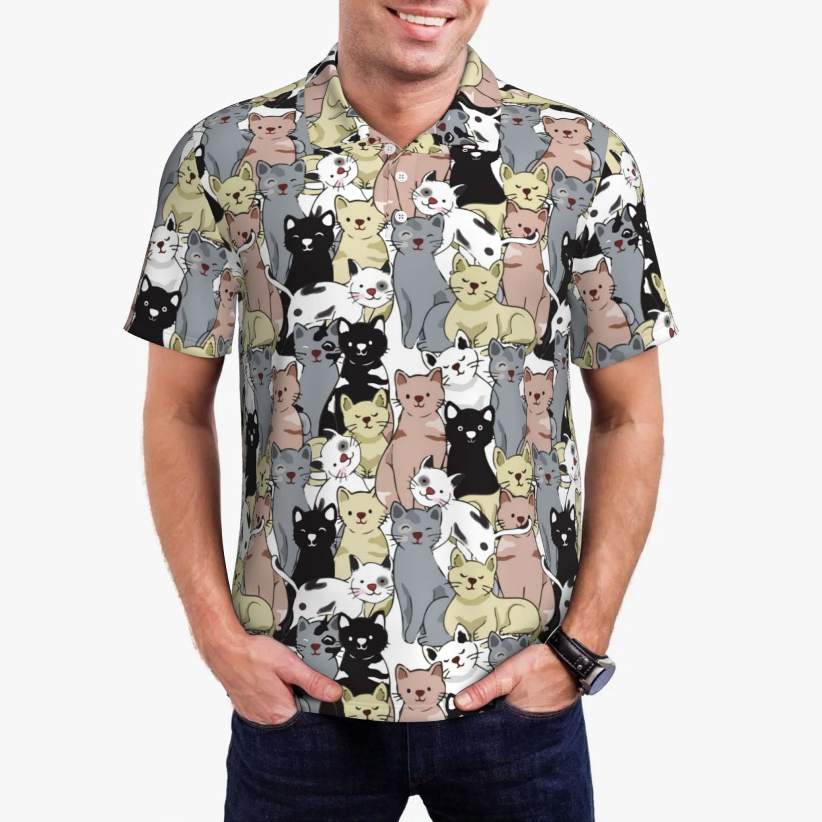 Polo Shirts for Men, Classic Cute Cartoon Cat_A Cuteness Casual Mens ...