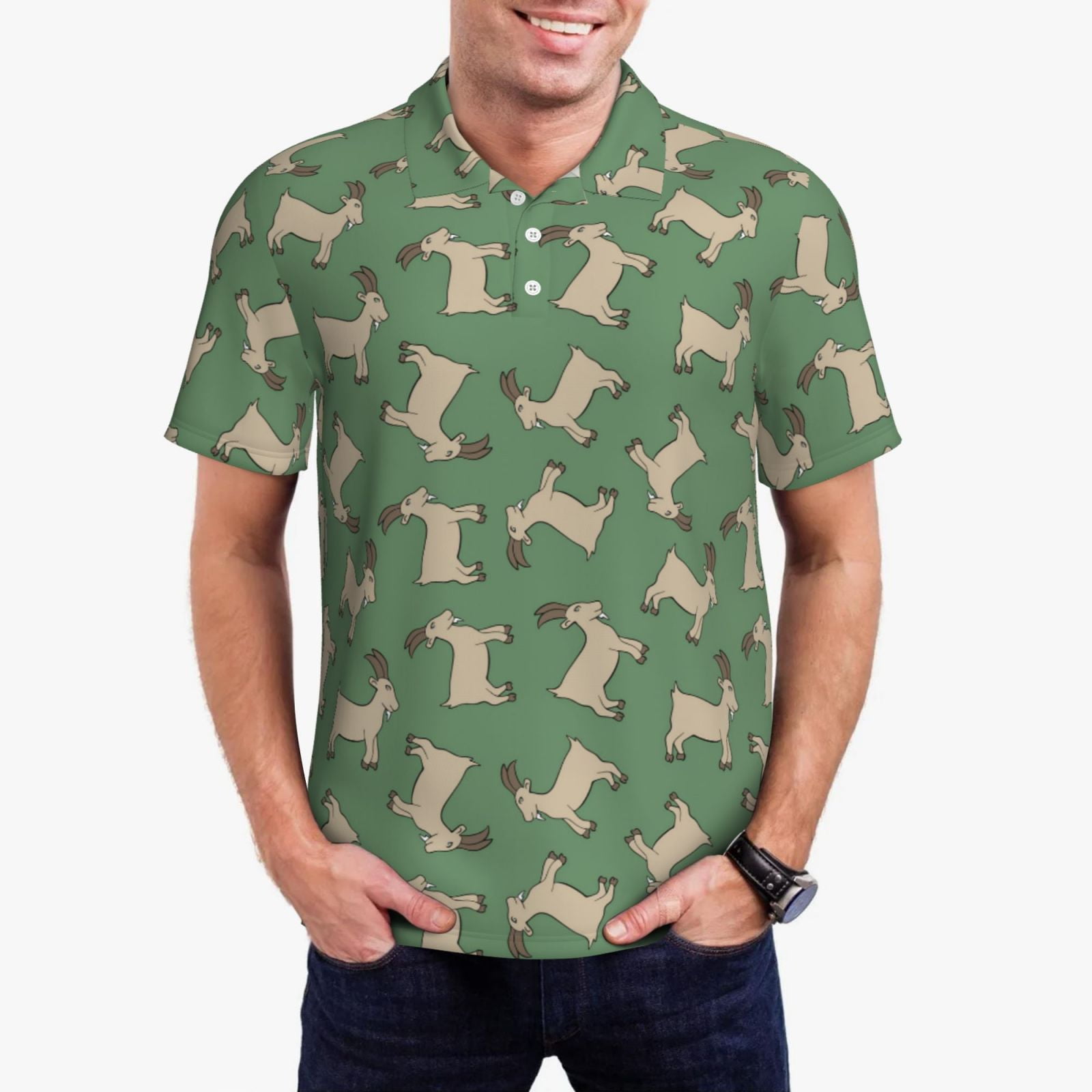Polo Shirts for Men Classic Cute Goat Green Casual Mens Short Sleeve ...
