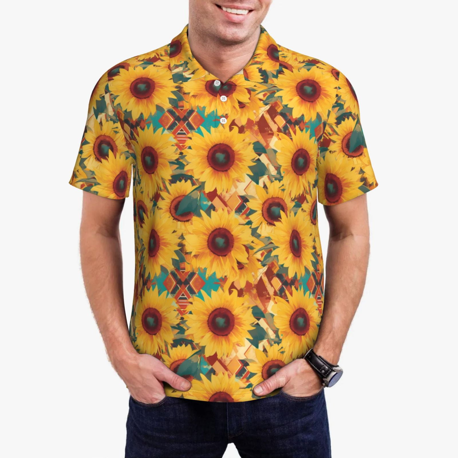 Polo Shirts for Men - Colorful Bohemian Sunflower Mens Polo Shirts ...