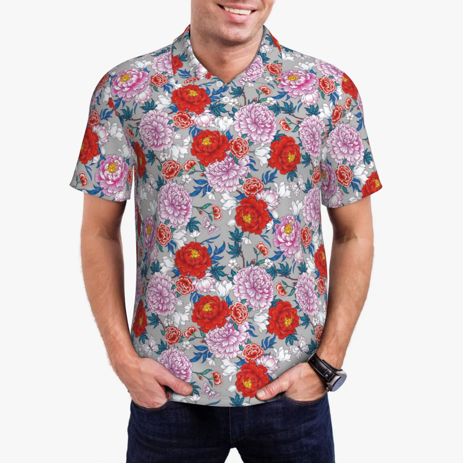 Polo Shirts for Men Colorful Carnations Flowers Butterfly Casual Mens ...