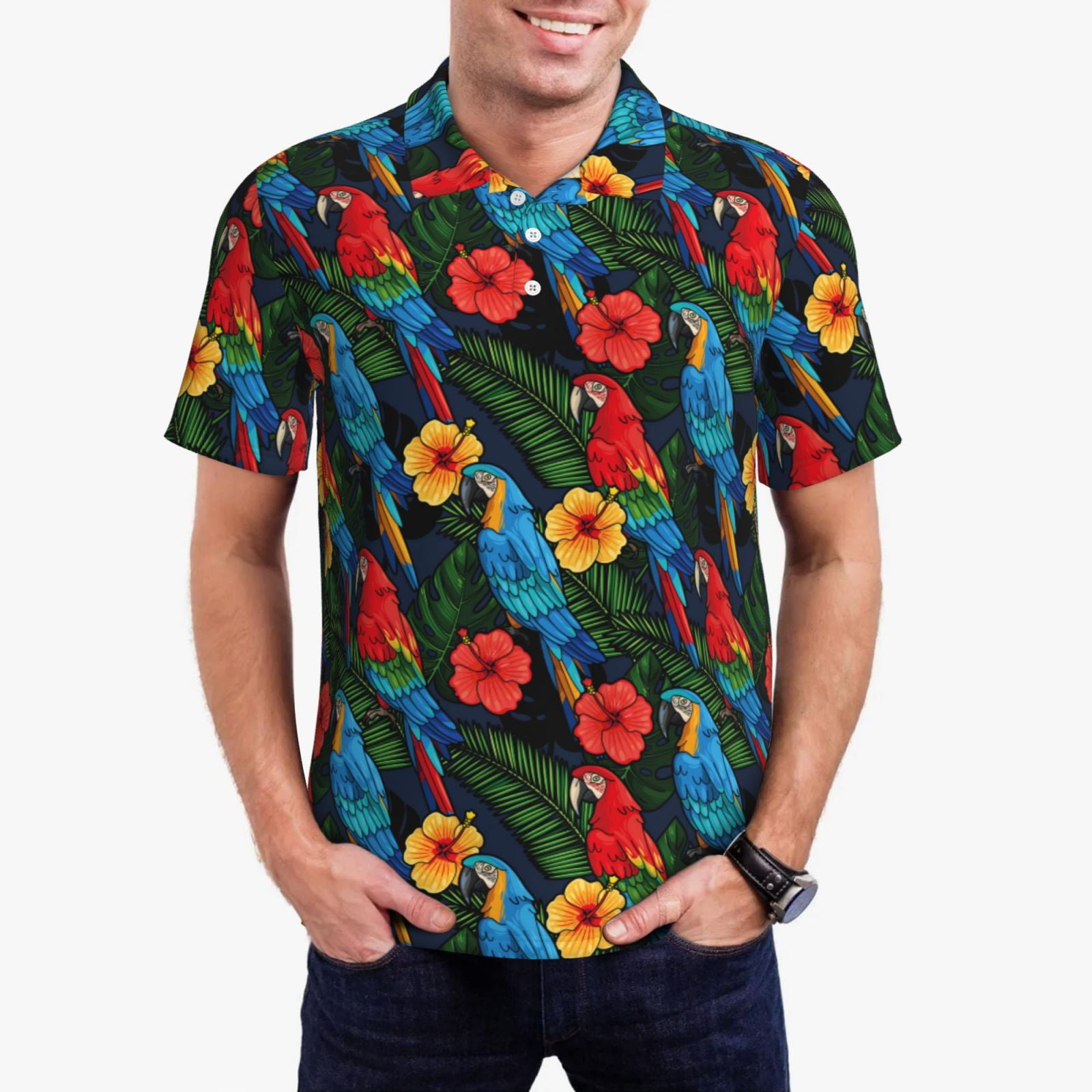 Polo Shirts for Men Colorful Cartoon Parrot Leaves Casual Mens Short ...