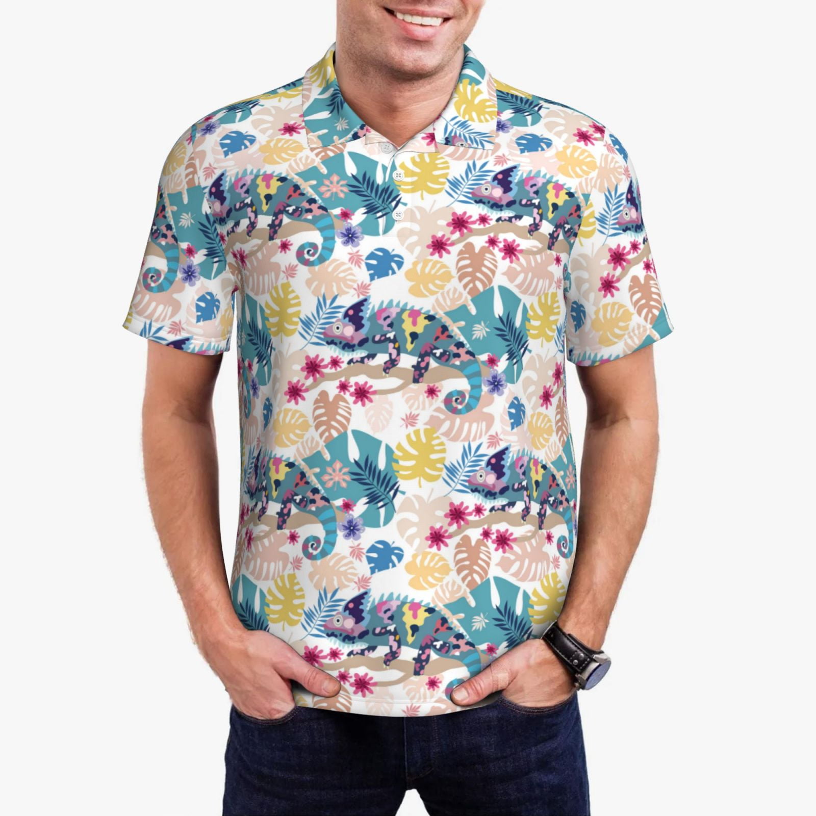 Polo Shirts for Men - Colorful Chameleon Lizard Monstera Mens Polo ...