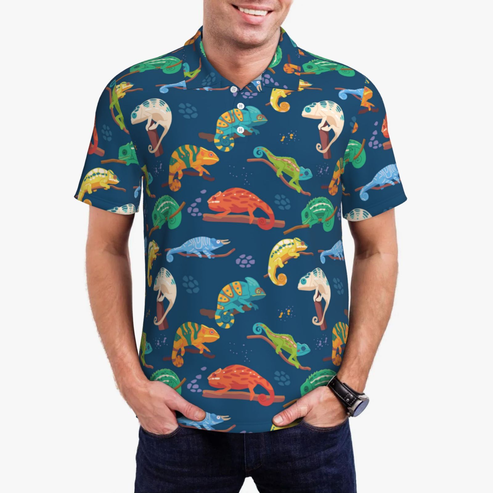 Polo Shirts for Men, Colorful Cute Chameleon Lizard_A Cuteness Casual ...