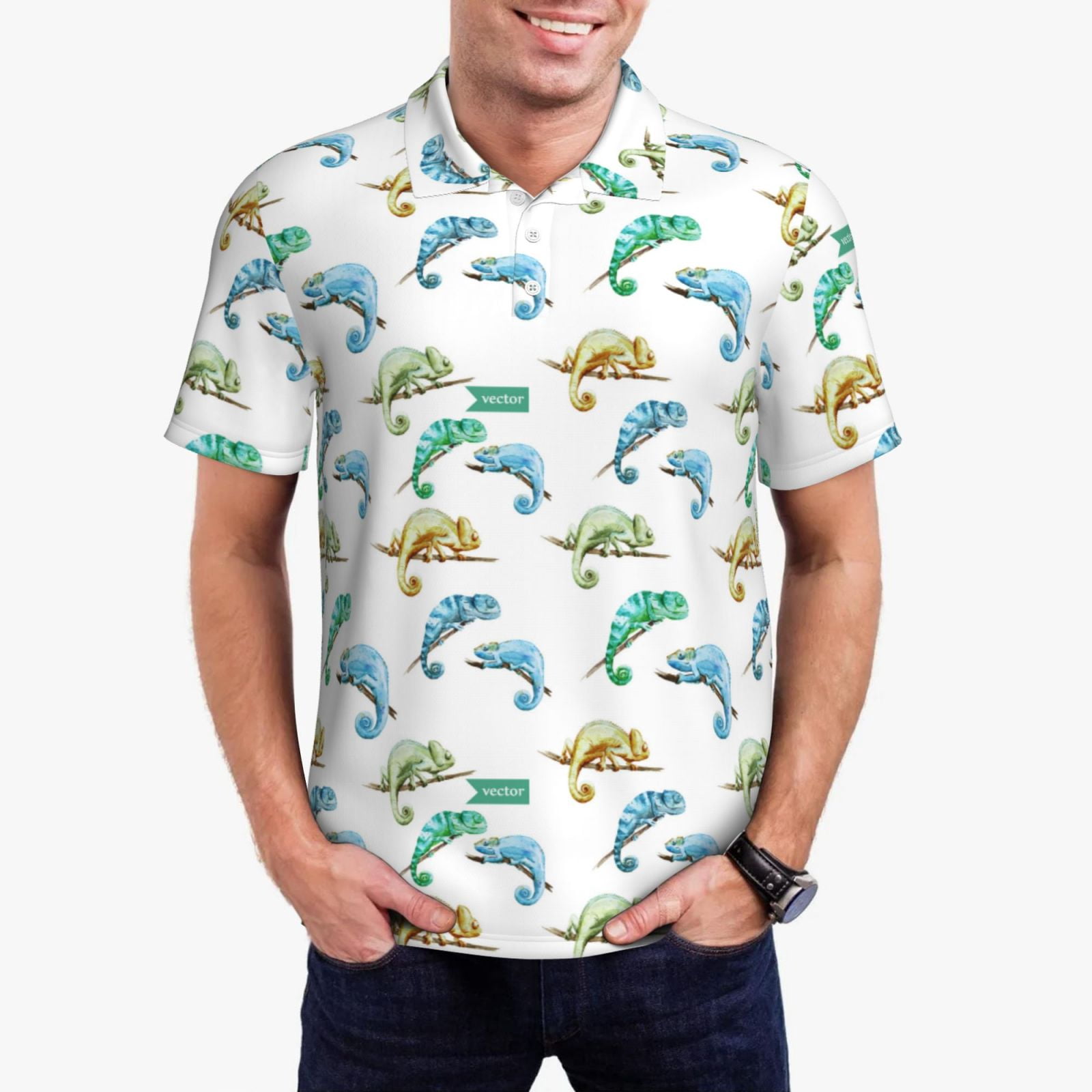 Polo Shirts for Men, Colorful Cute Chameleon Lizard Cuteness Casual ...
