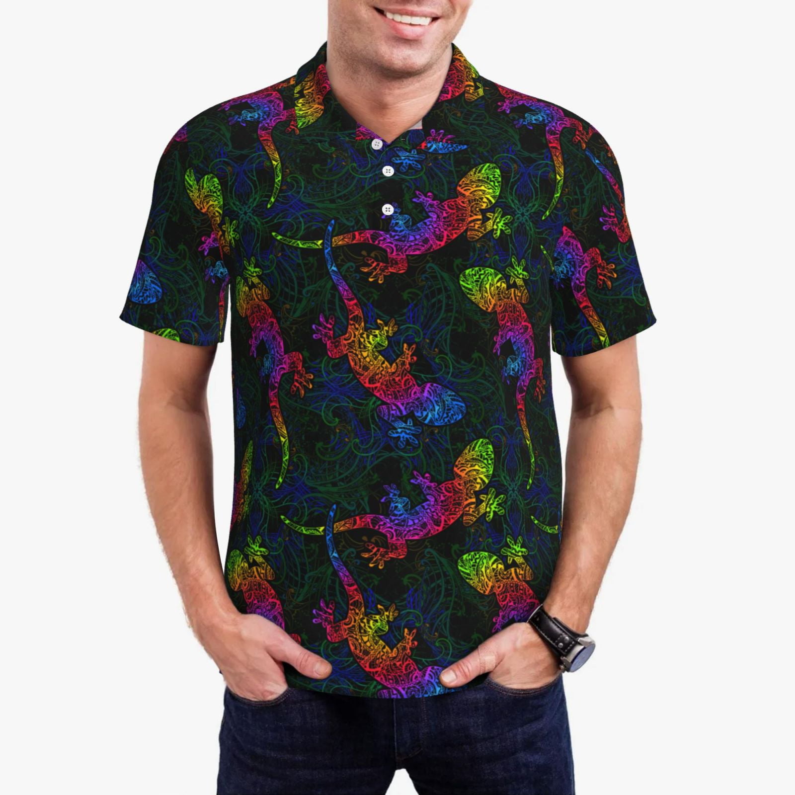 Polo Shirts for Men - Colorful Cute Lizard Gecko Mens Polo Shirts Short ...