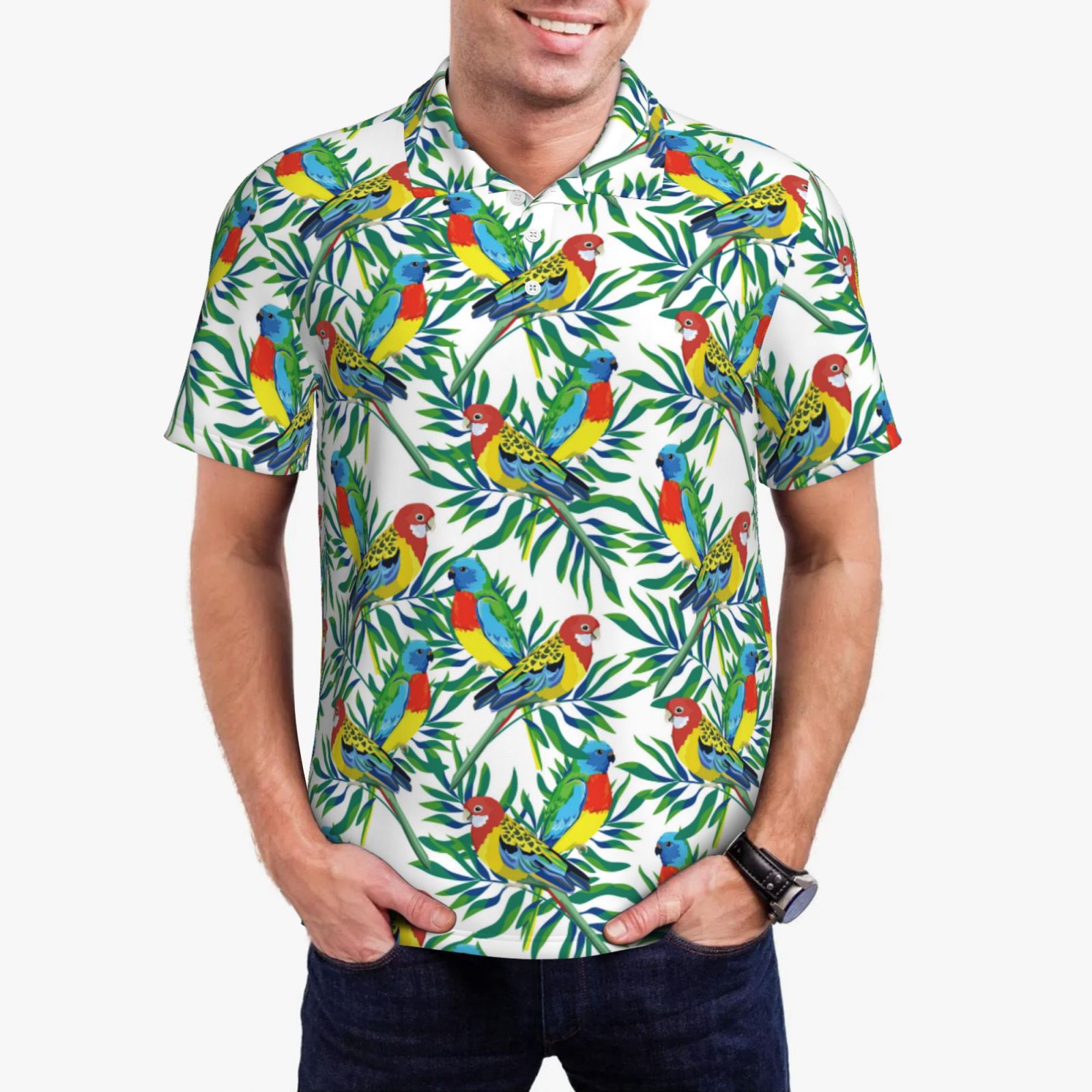 Polo Shirts for Men, Colorful Cute Parrot Palm Leaves Cuteness Casual ...