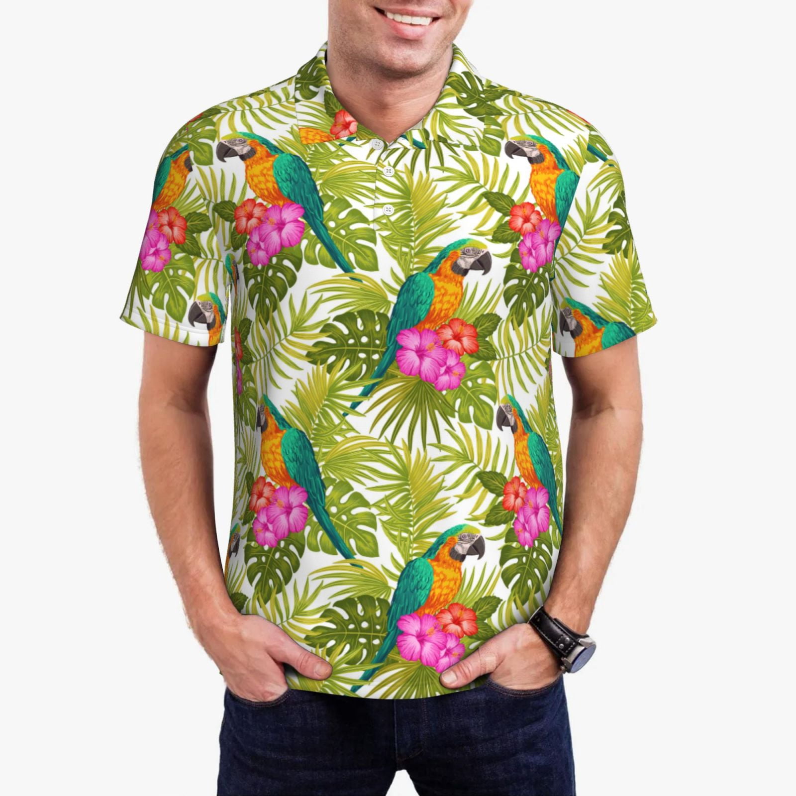 Polo Shirts for Men - Colorful Cute Parrots Flower Plant Mens Polo ...