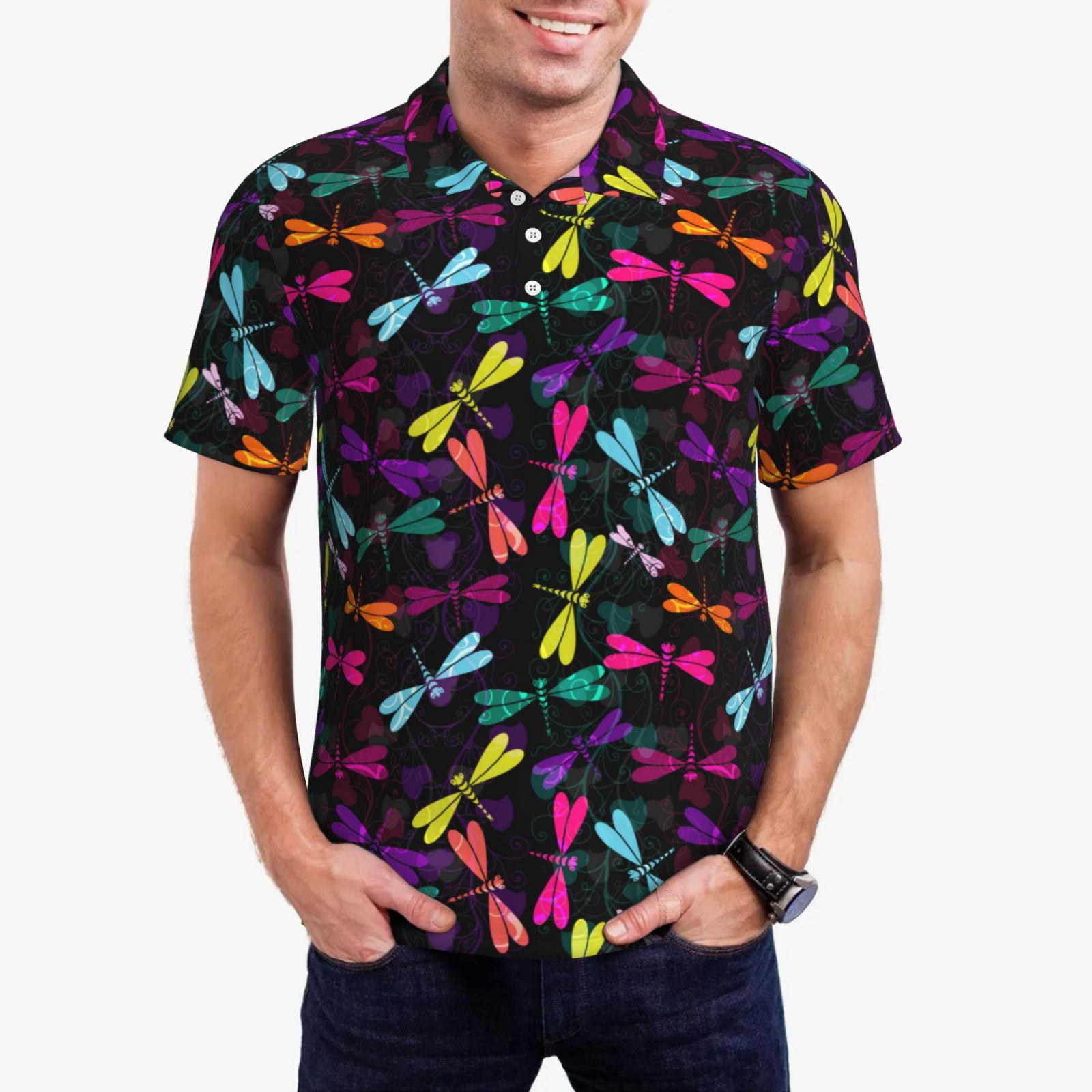 Polo Shirts for Men Colorful Dragonflies a Casual Mens Short Sleeve ...