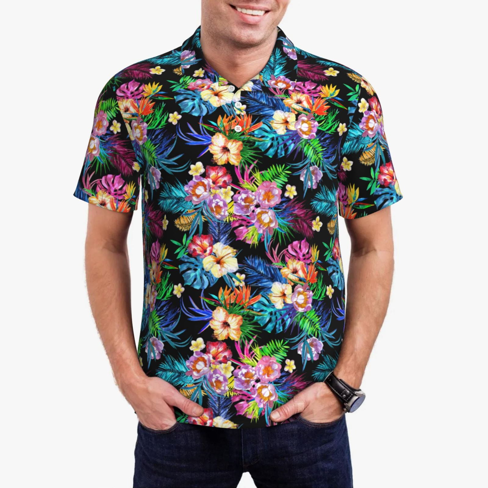 Polo Shirts for Men Colorful Flowers a Casual Mens Short Sleeve Polo ...