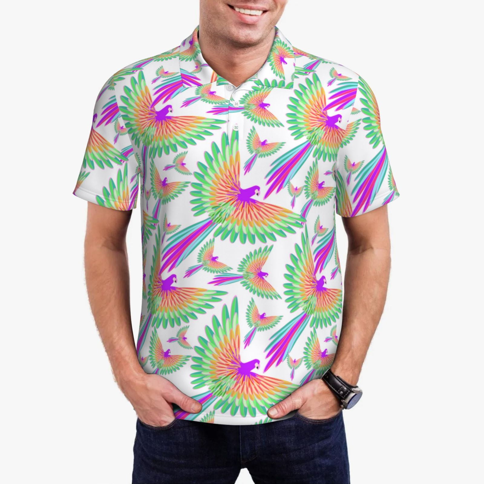 Polo Shirts for Men - Colorful Flying Parrot Cute Mens Polo Shirts ...