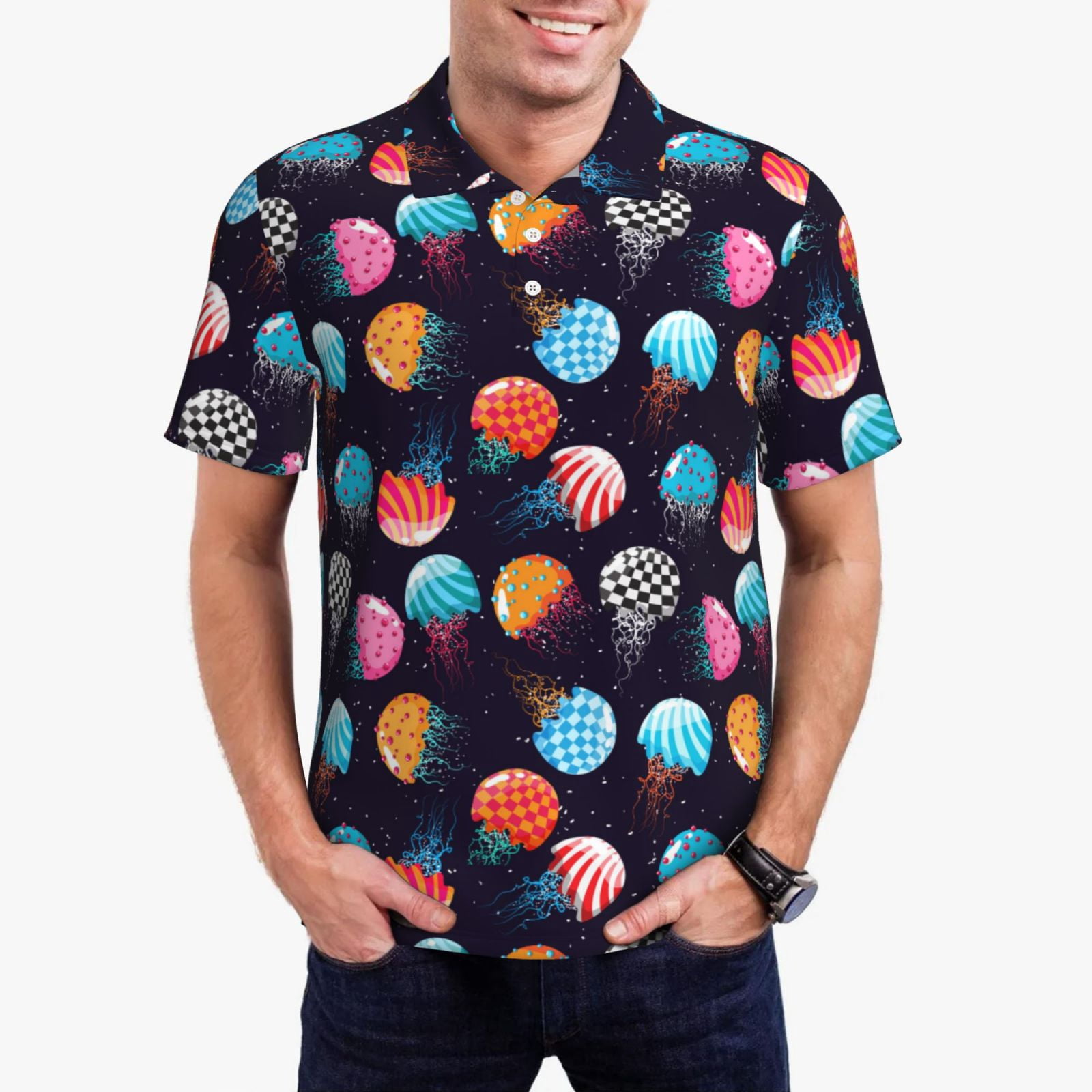 Polo Shirts for Men - Colorful Jellyfish Classic Mens Polo Shirts ...
