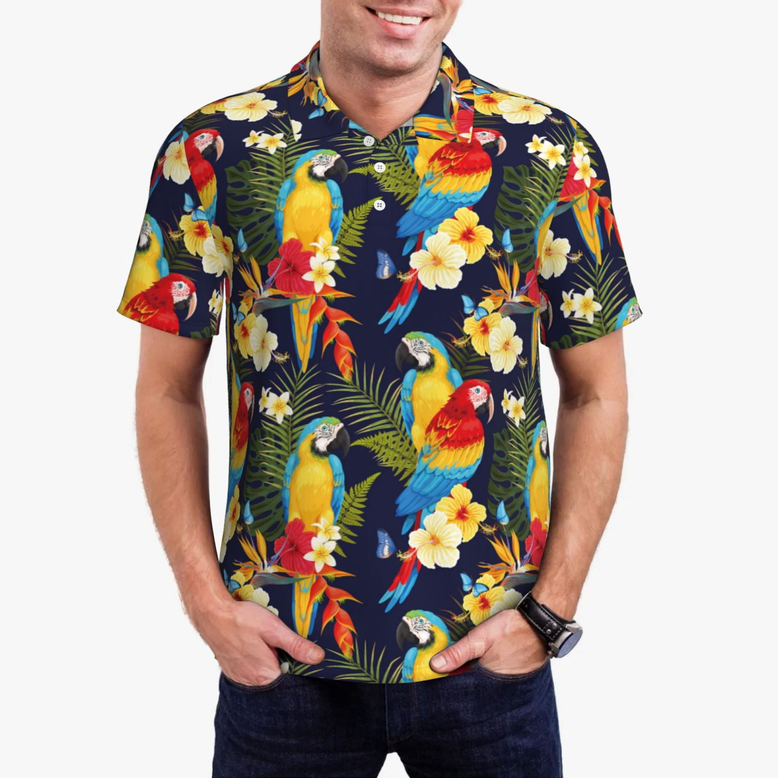 Polo Shirts for Men - Colorful Macaw Parrot Plant Mens Polo Shirts ...