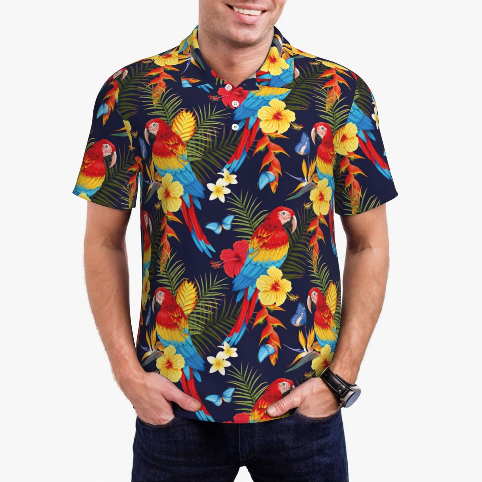 Polo Shirts for Men - Colorful Parrot Flower Palm Leaves Mens Polo ...
