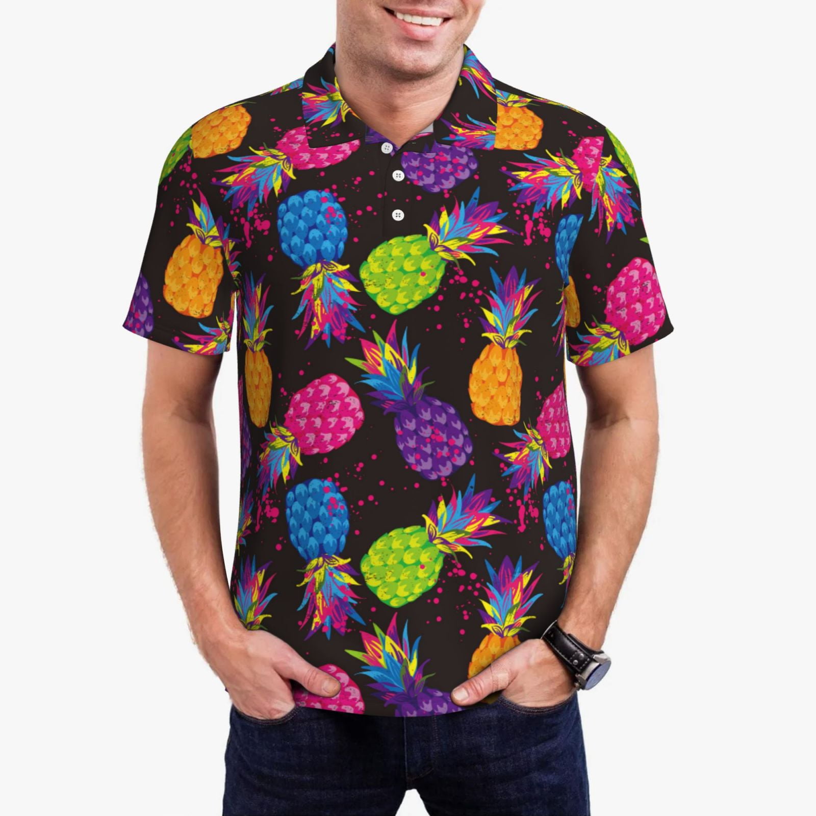 Polo Shirts for Men - Colorful Pineapple Black Mens Polo Shirts Short ...