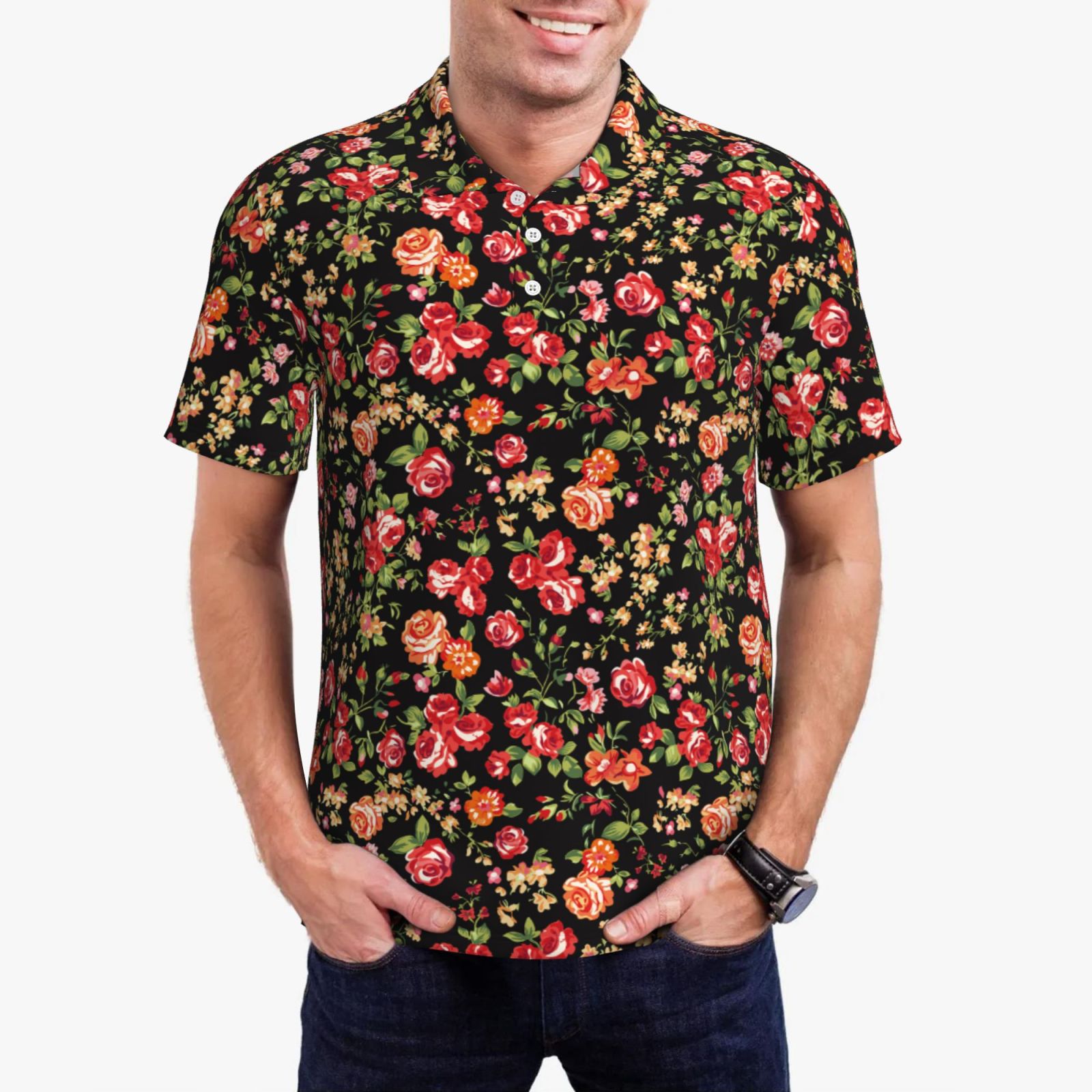 Polo Shirts for Men, Colorful Rose Flowers Cuteness Casual Mens Polo ...