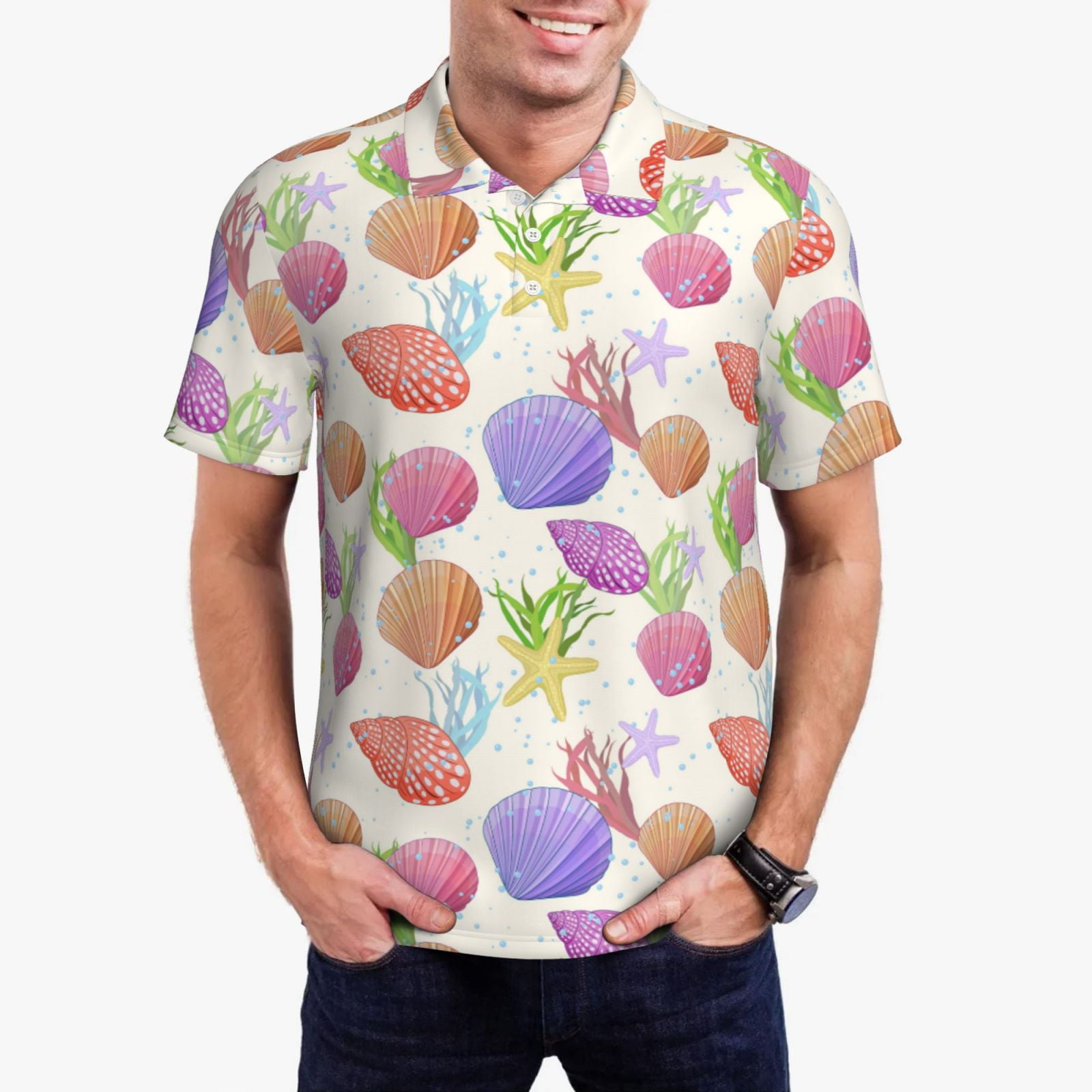 Polo Shirts for Men - Colorful Shell Conch Classic Mens Polo Shirts Casual Short Sleeve Button ...