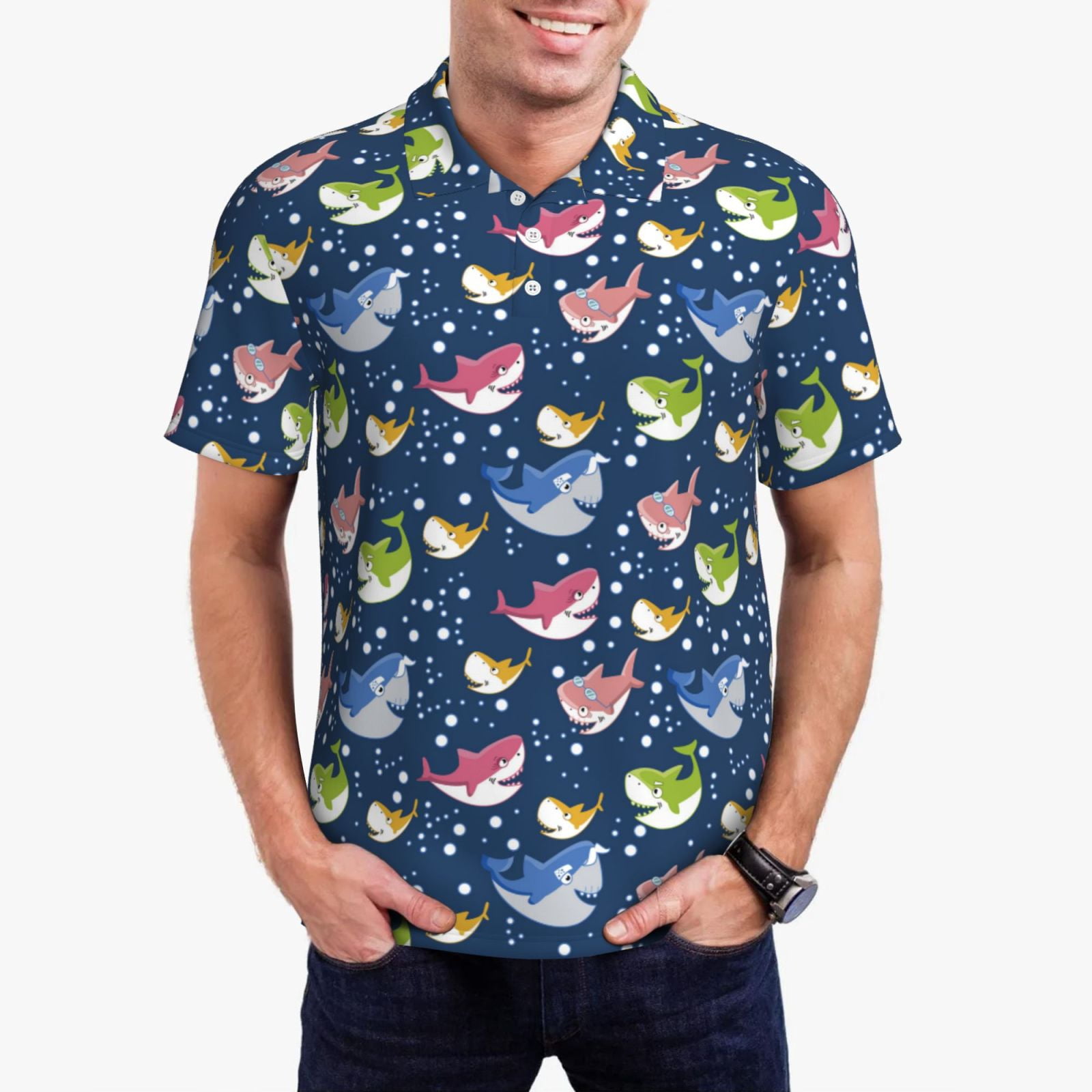 Polo Shirts for Men Colorful cartoon shark Casual Mens Short Sleeve ...