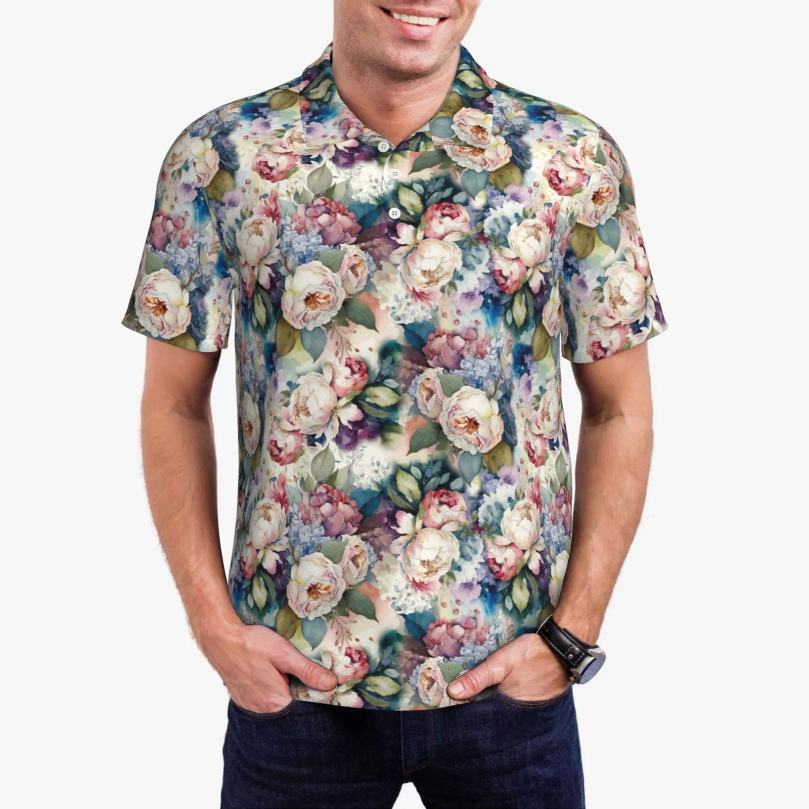 Polo Shirts for Men Colorful flowers B Casual Mens Short Sleeve Polo ...