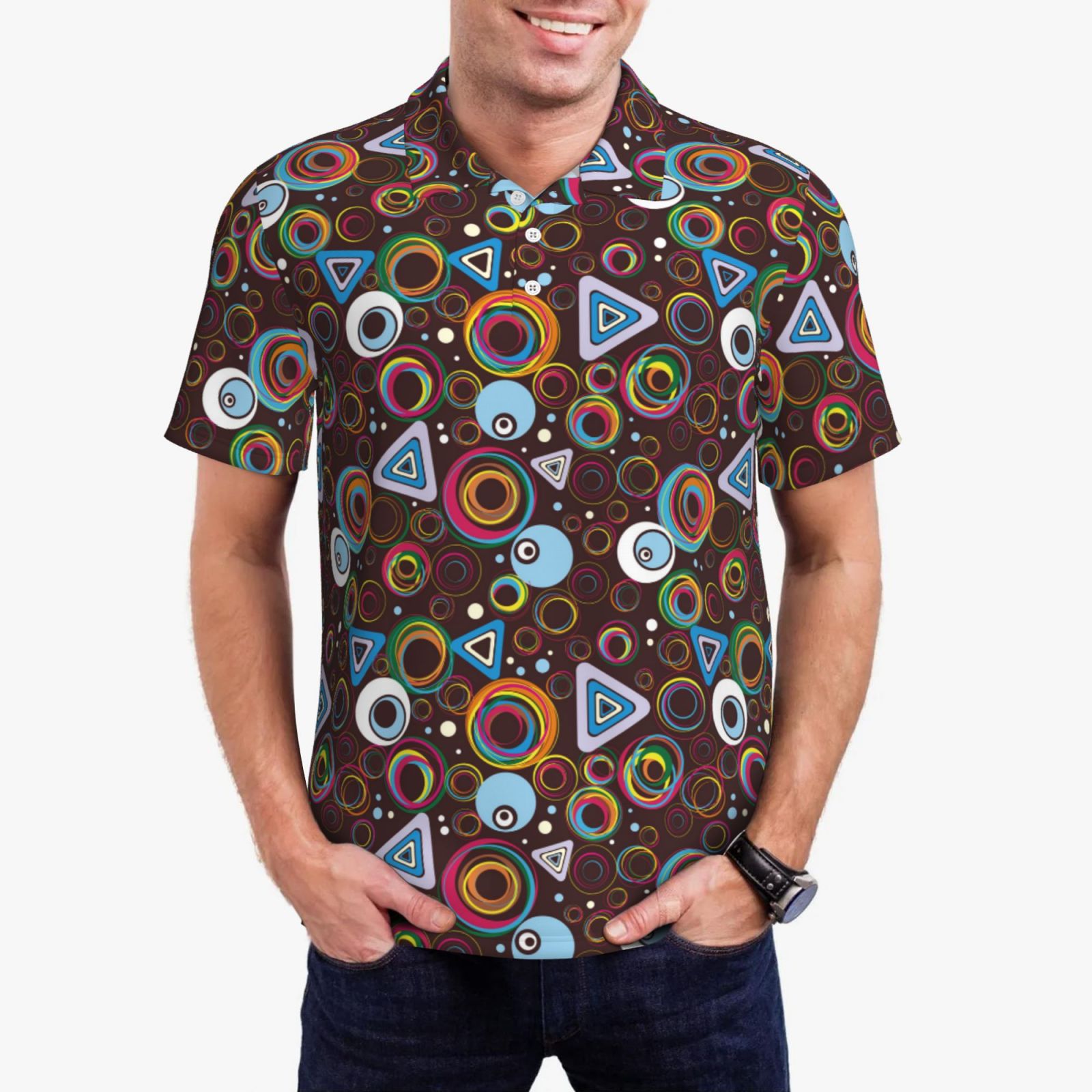 Polo Shirts for Men Colorful geometry_A Casual Mens Short Sleeve Polo ...