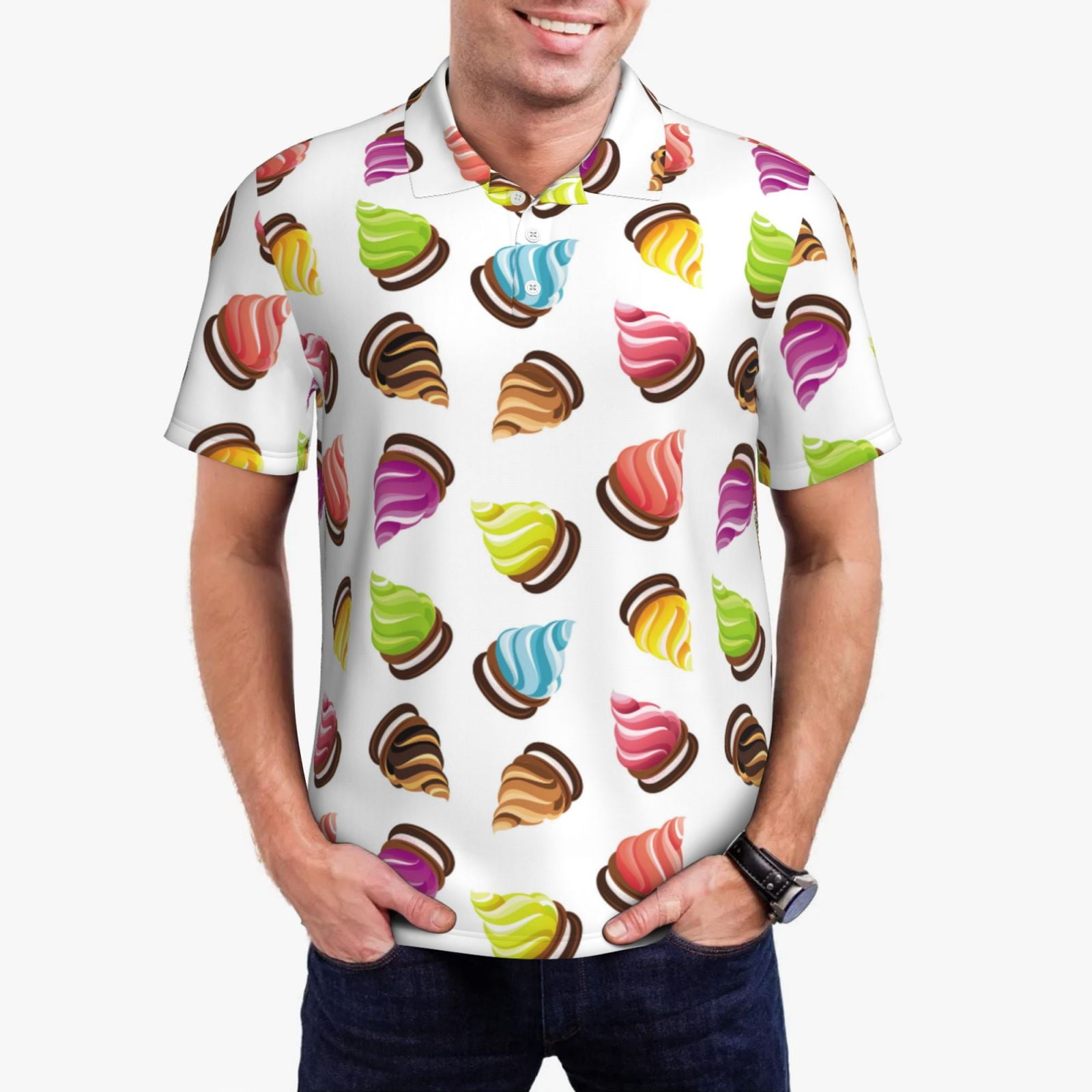 Polo Shirts for Men - Colourful Ice Cream Print White Mens Polo Shirts ...