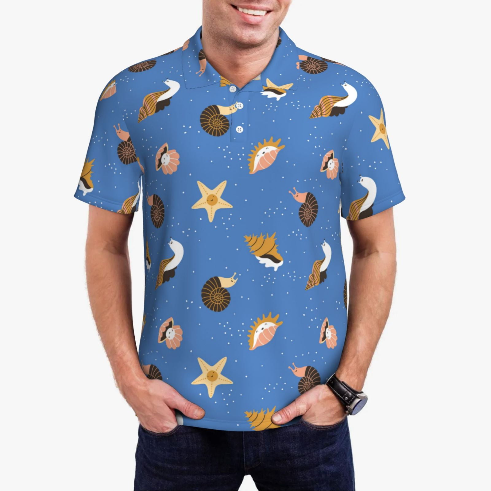 Polo Shirts for Men, Conch Shell Blue Cuteness Casual Mens Polo Shirts ...
