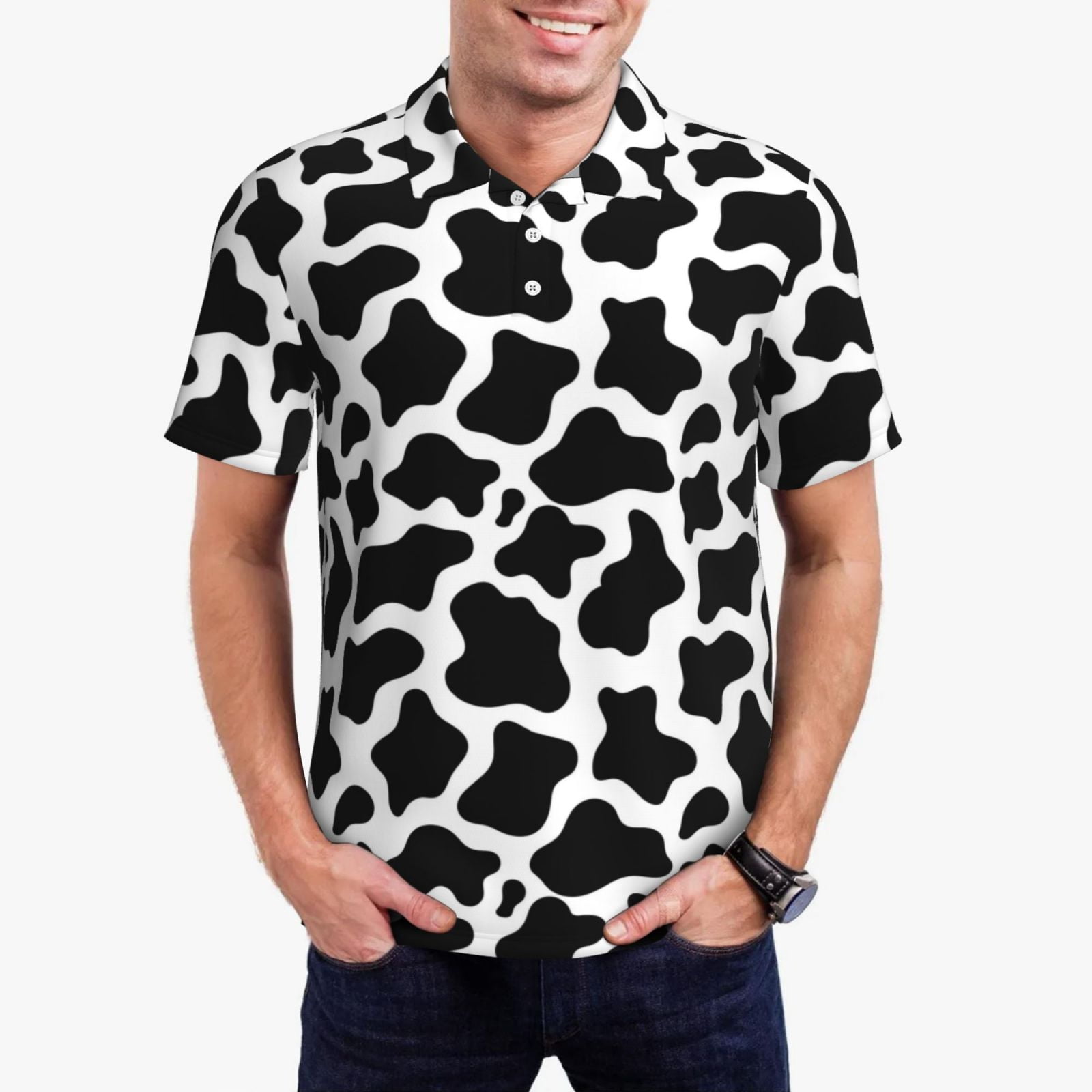 Polo Shirts for Men, Cow Print Black White Soft Casual Mens Polo Shirts ...