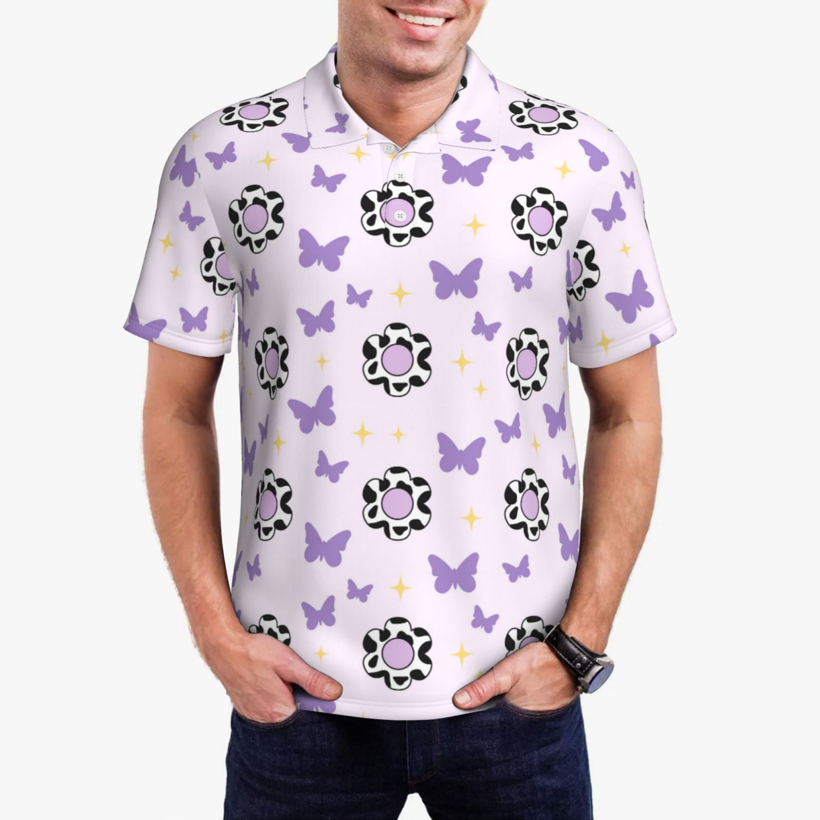 Polo Shirts for Men Cow Print Flowers Butterfly Casual Mens Short ...
