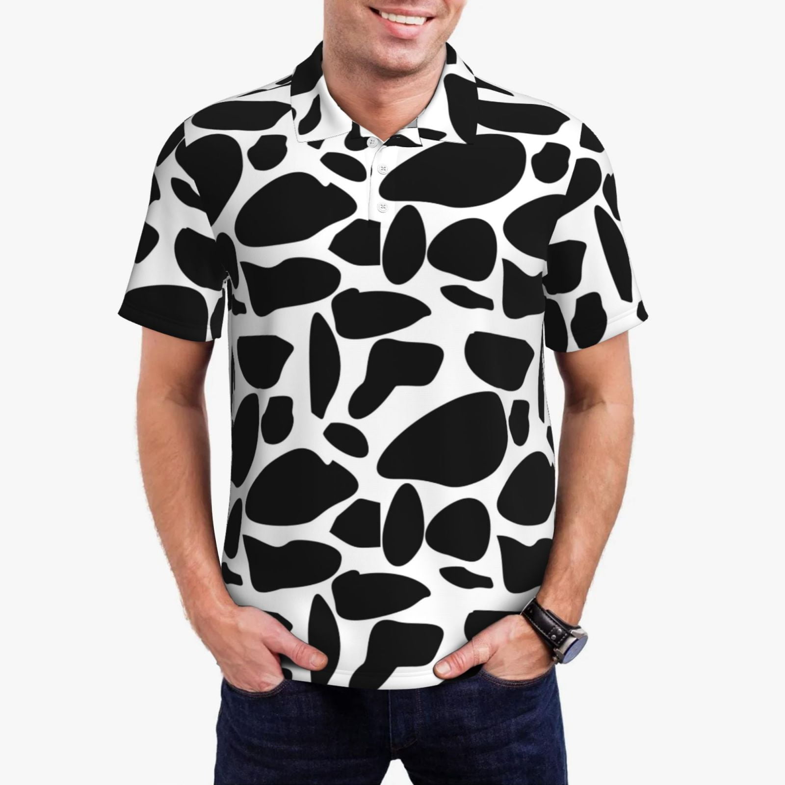 Polo Shirts for Men - Cow Print Mens Polo Shirts Short Sleeve, Button ...