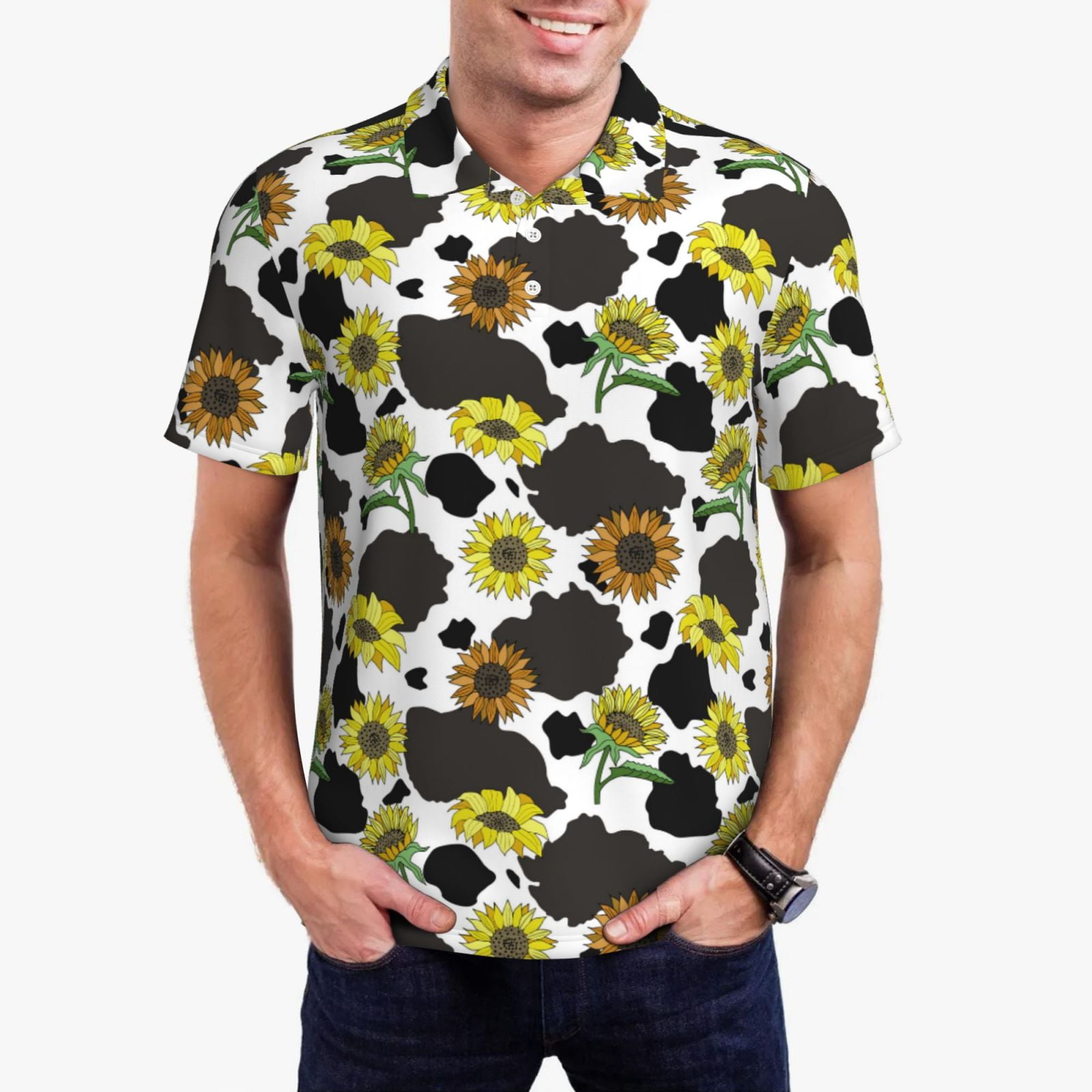 Polo Shirts for Men Cow Print Sunflowers Black White Casual Mens Short ...