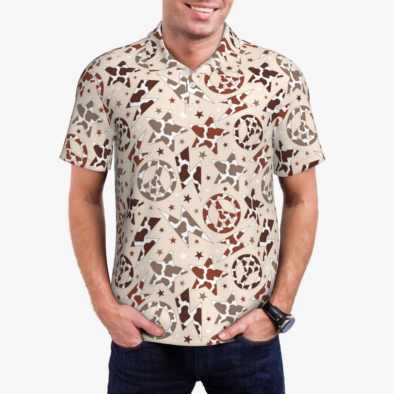 Polo Shirts for Men, Cow Spots And Peace Cuteness Casual Mens Polo ...