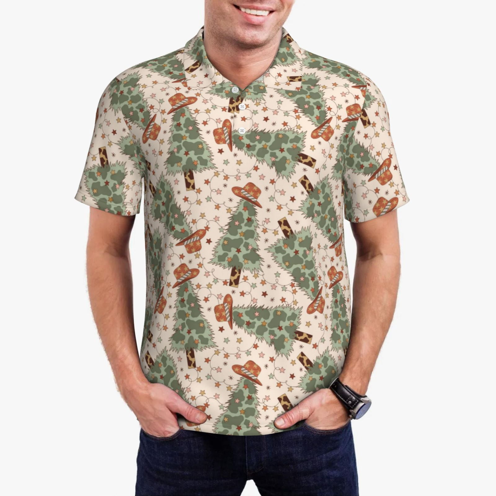 Polo Shirts for Men, Cowboy Christmas Trees Soft Casual Mens Polo ...