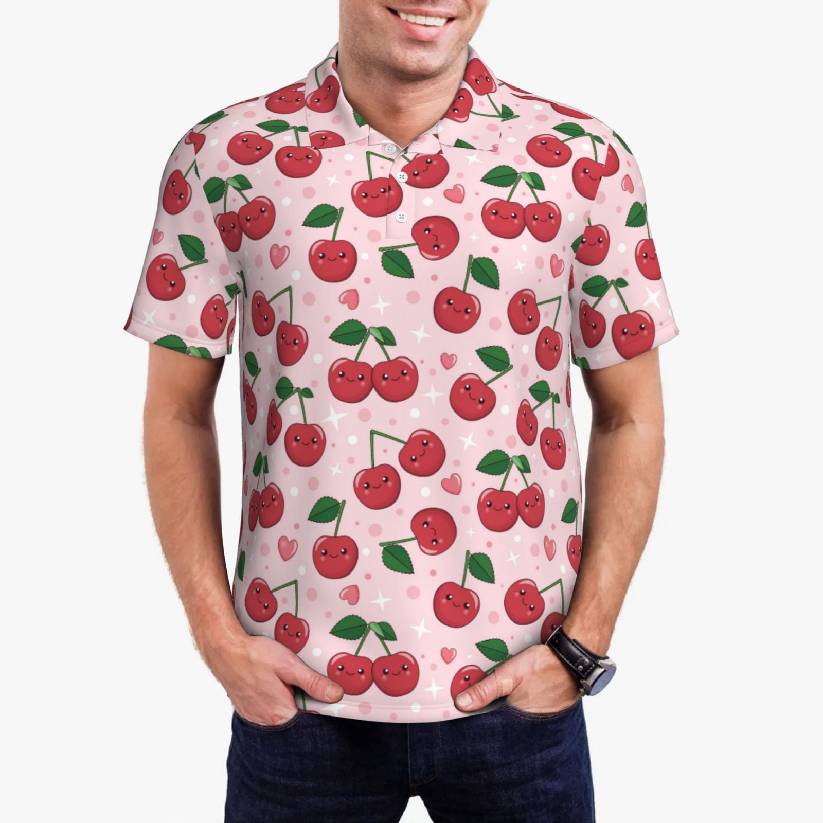 Polo Shirts for Men - Cute Berry Star Pink Mens Polo Shirts Short ...