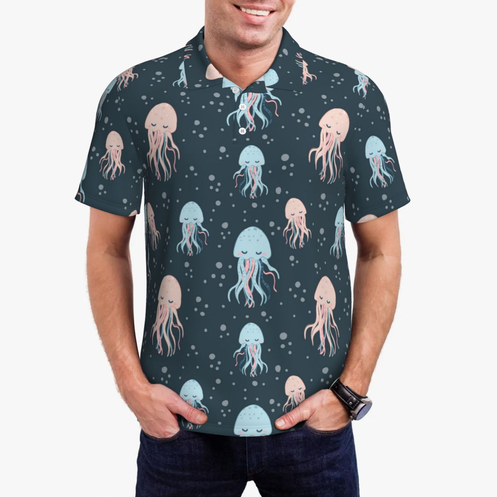 Polo Shirts for Men - Cute Blue Pink Jellyfish Mens Polo Shirts Short ...