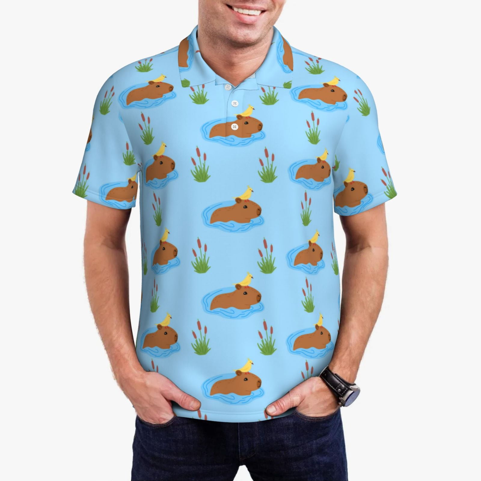 Polo Shirts for Men - Cute Capybaras Bird Classic Mens Polo Shirts ...