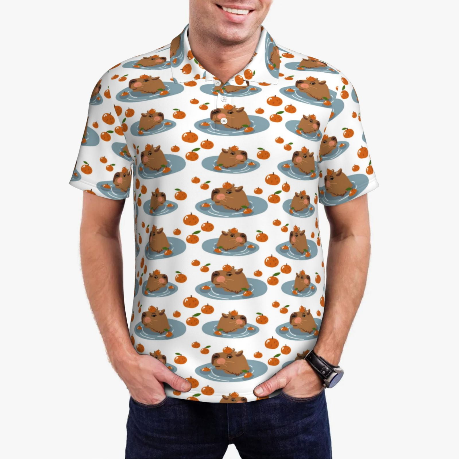 Polo Shirts for Men - Cute Capybaras Orange Mens Polo Shirts Short ...